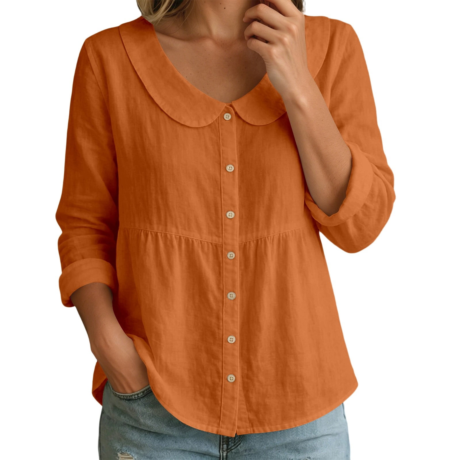 VNKIDY Womens Casual Solid Color Peter Pan Collar Peplum Blouse With ...