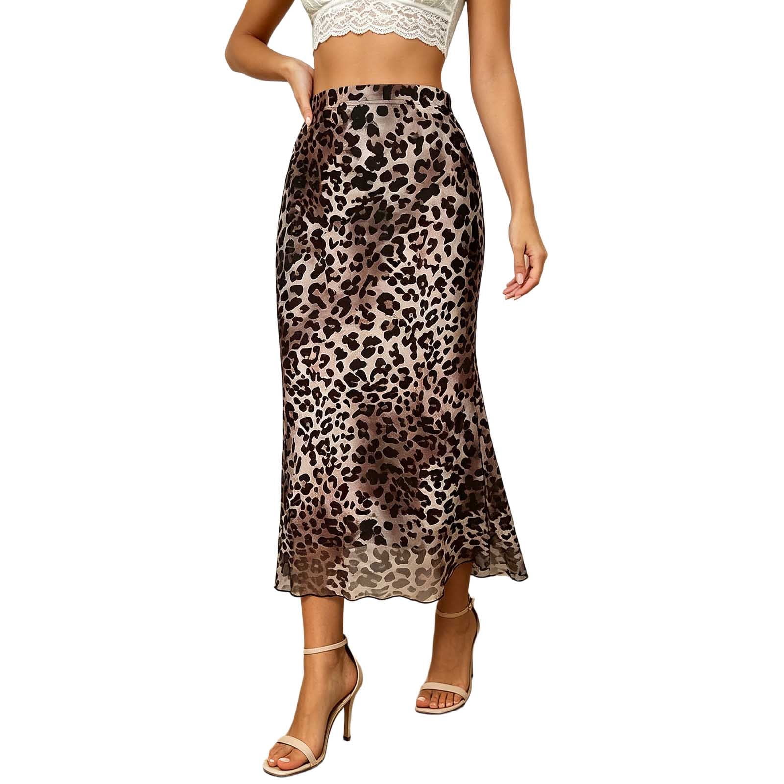 VNKIDY Womens Leopard Print High Waist Satin Flowy Hem Midi Skirt For ...