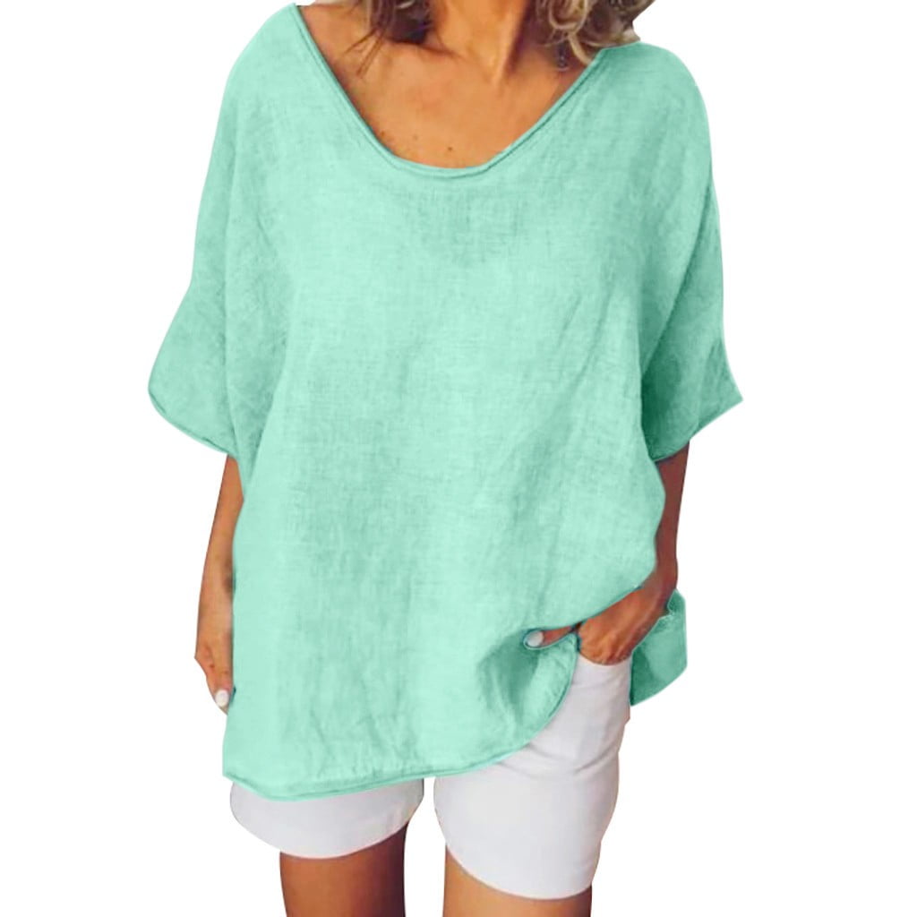 VNKIDY Womens Solid Color Scoop Neck Short Sleeve Pocket Loose Fit ...
