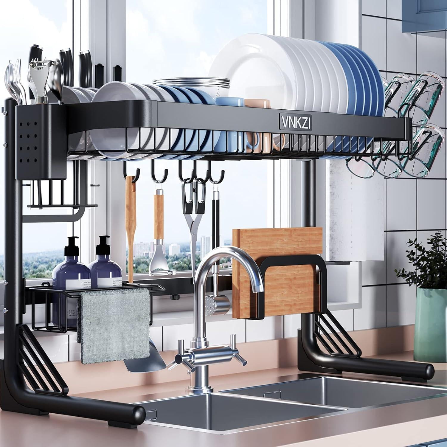 VNKZI Over Sink Dish Drying Rack, 2 Tier Full Stainless Steel Storage ...