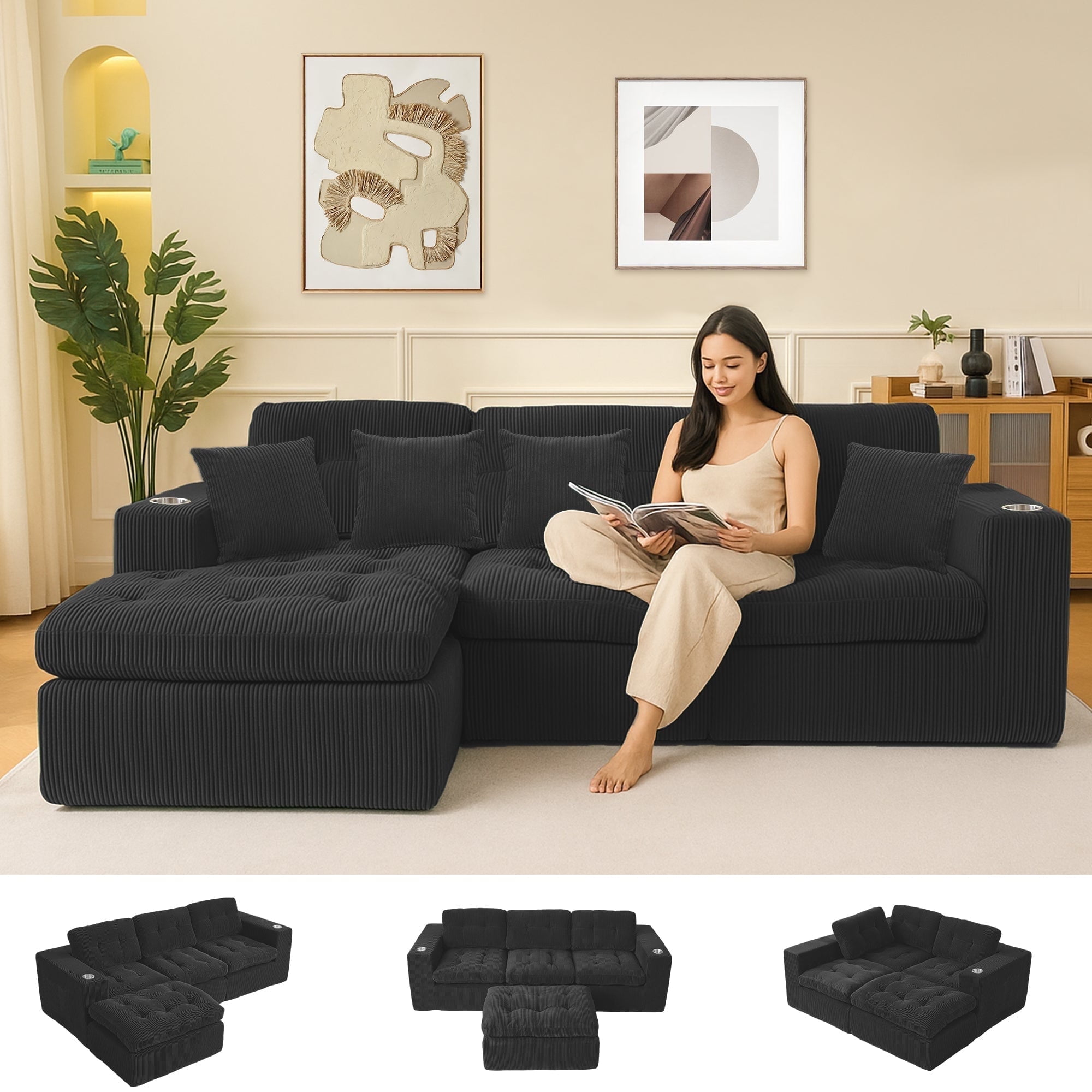 VNT 105" Couches for Living Room with L-Shaped Chaise, Upholstered ...