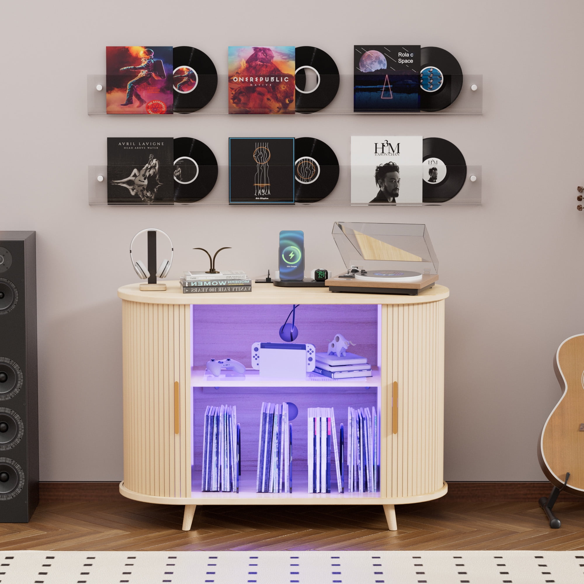 VNT 39in Large Record Player Stand with Charging Station, Media Storage ...