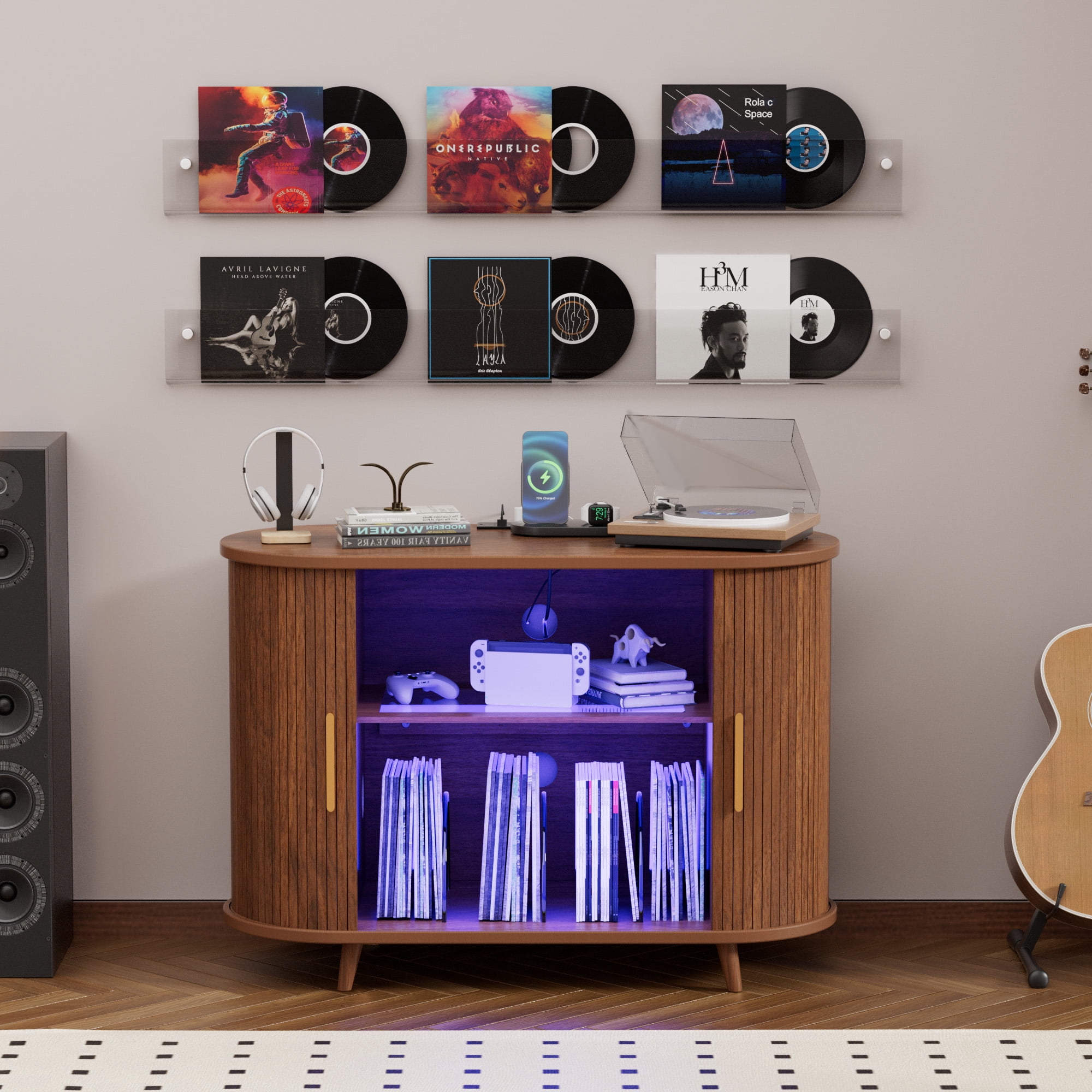 VNT 39in Large Record Player Stand with Charging Station, Media Storage ...