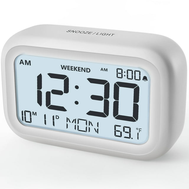 VOCOO Mini Digital Alarm Clock, 3.5'' LCD, Backlight, Indoor Temp, Battery Operated - White ...