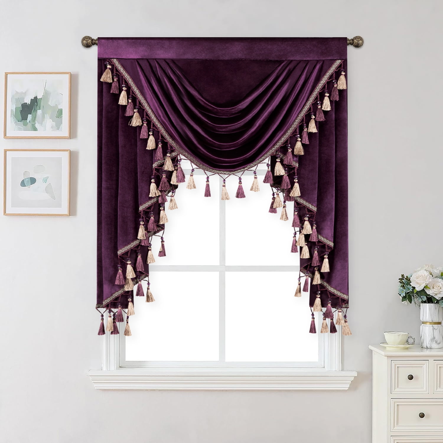 VOGOL Amethyst Velvet Waterfall Valance - 39"W Swag with Crystal Beads ...