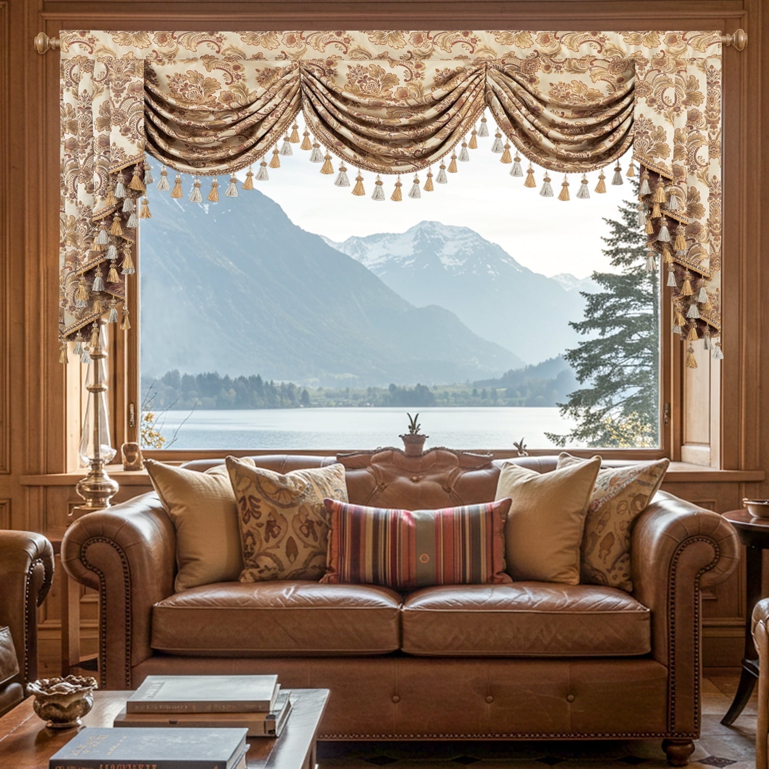 VOGOL Beige Damask Valance, Floral Swag Curtains with Tassels 79x43 ...