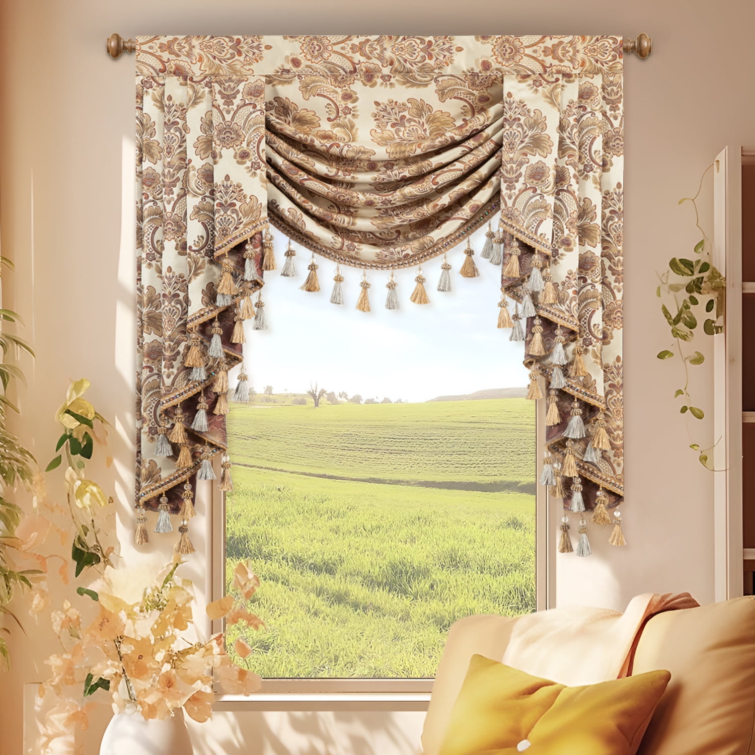 VOGOL Beige Damask Valance, Vintage Swag Curtains with Beaded Trim ...