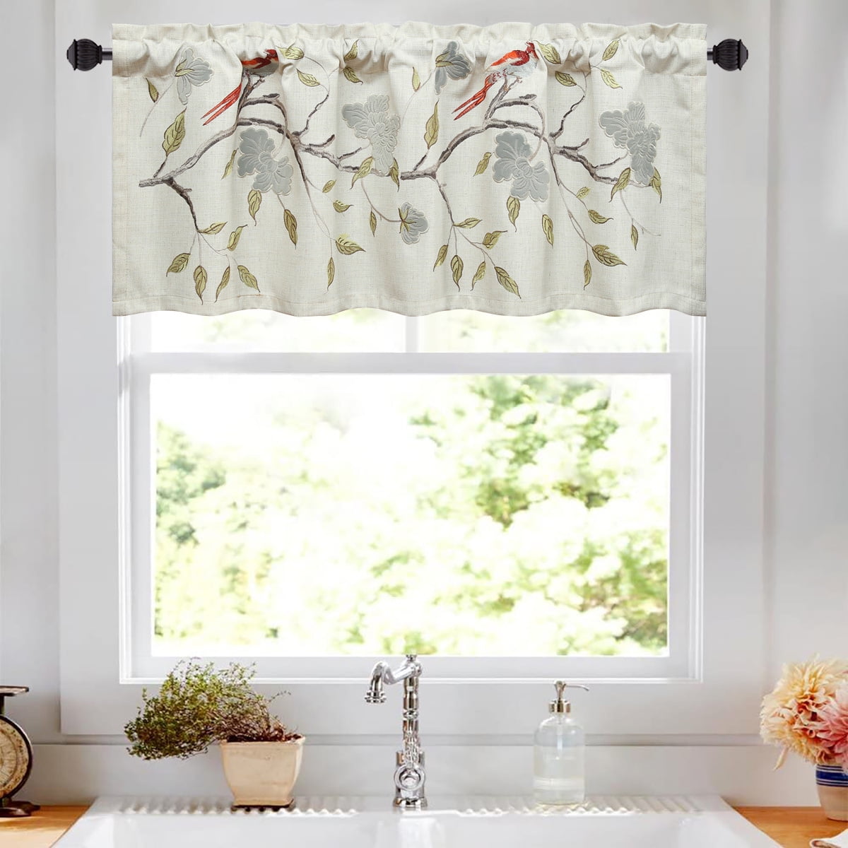 VOGOL Blossoming Floral Kitchen Valances, Red Birds Embroidery Linen ...