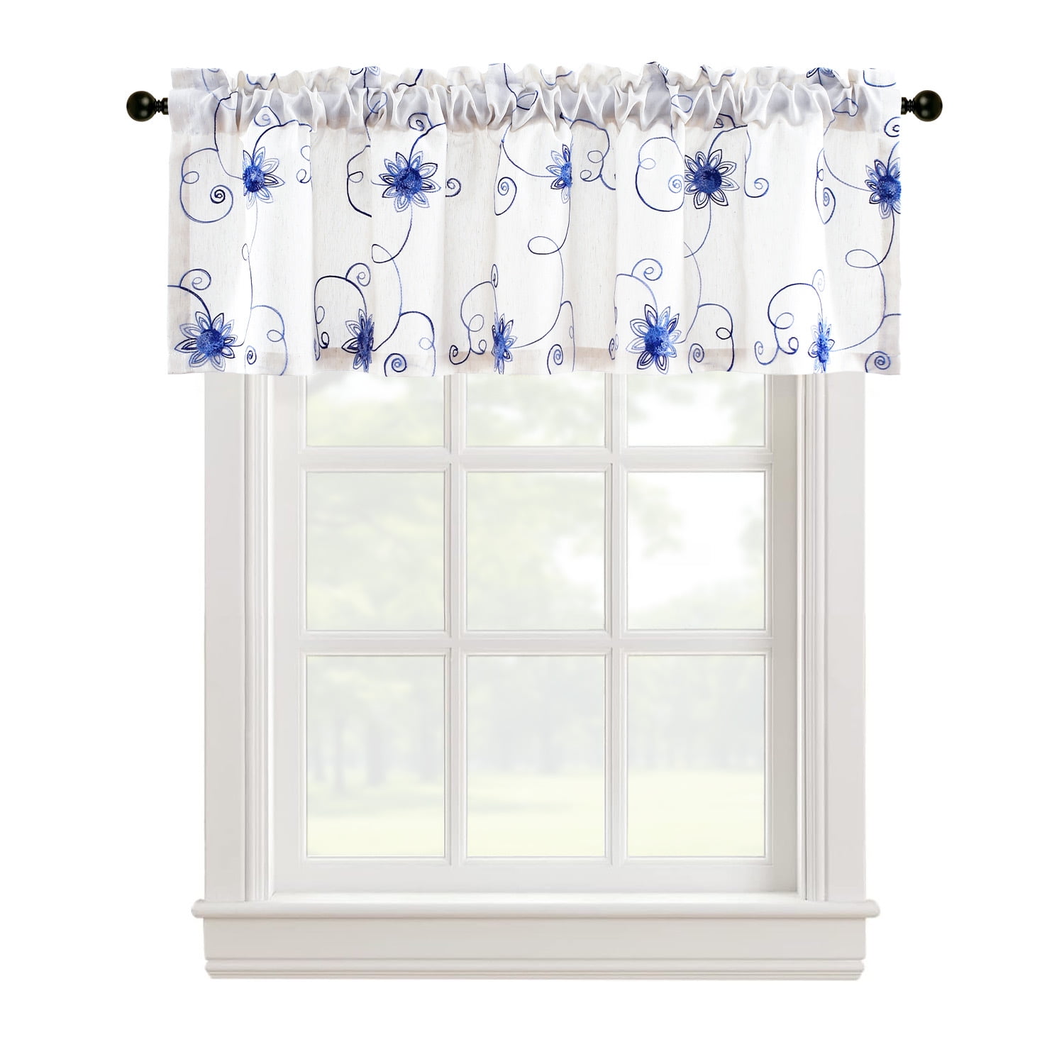 VOGOL Blue Floral Embroidered Valances, Rod Pocket Light Filtering ...