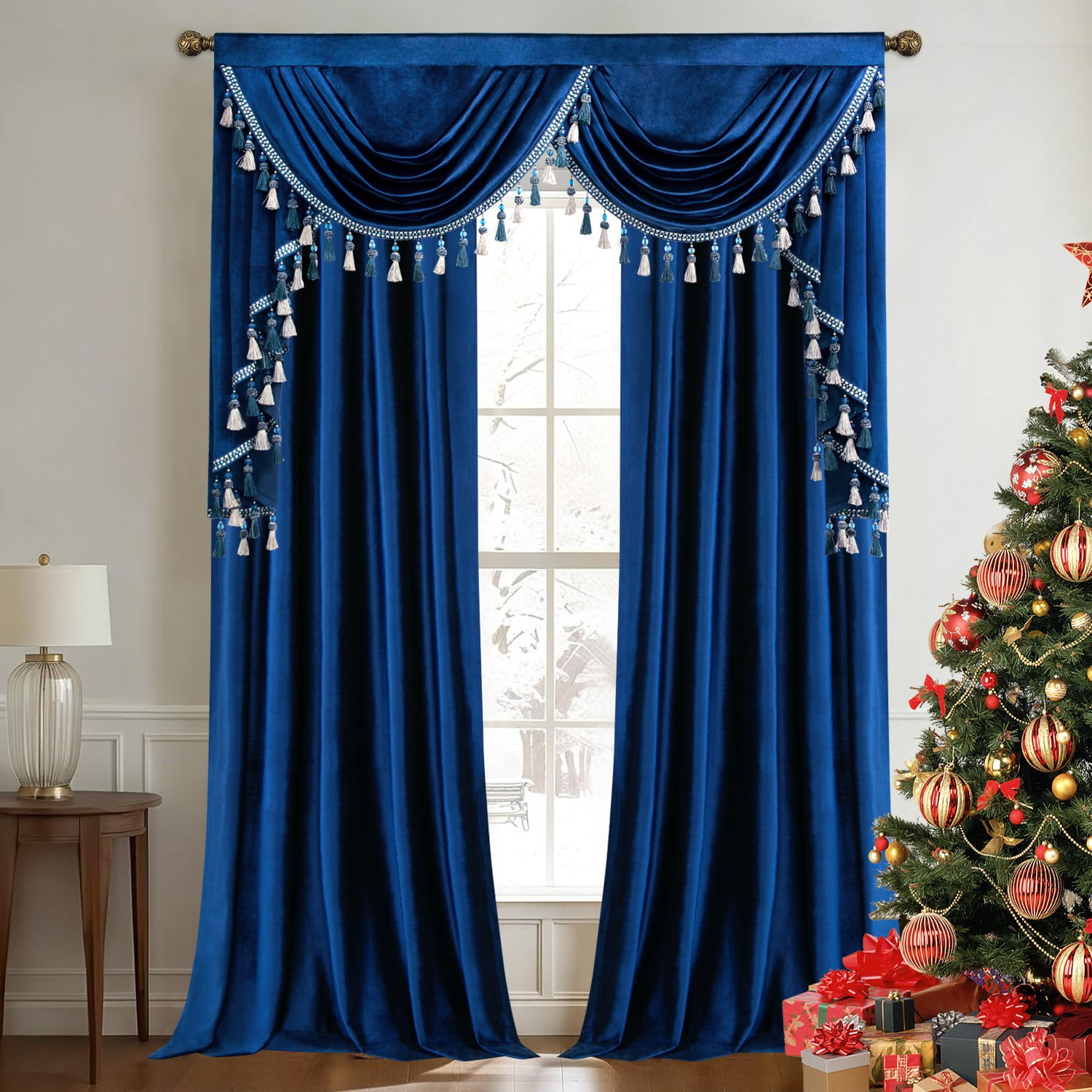 VOGOL Blue Velvet Waterfall Valance & Curtains Set, Blackout Rod Pocket ...