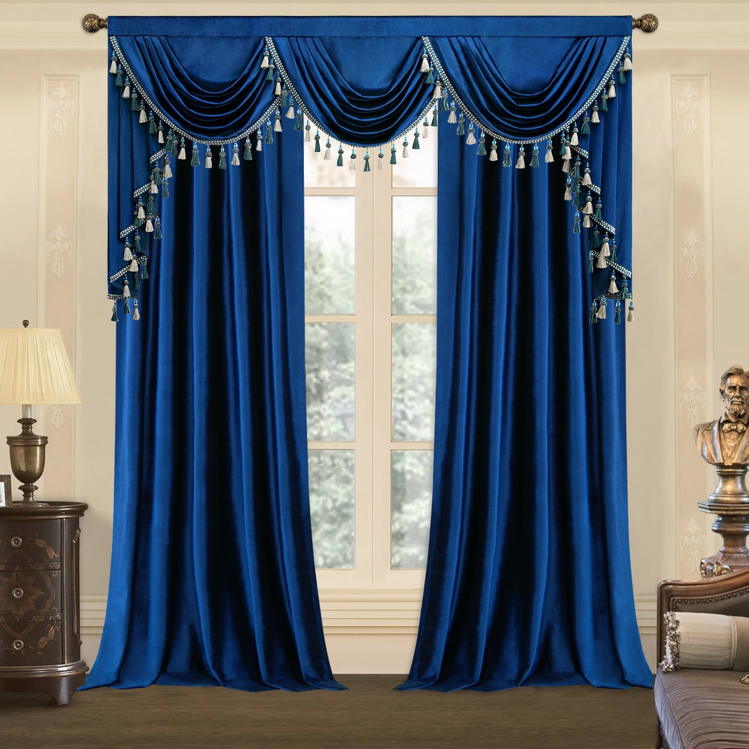 VOGOL Blue Velvet Waterfall Valance & Curtains Set, Thermal Insulated ...