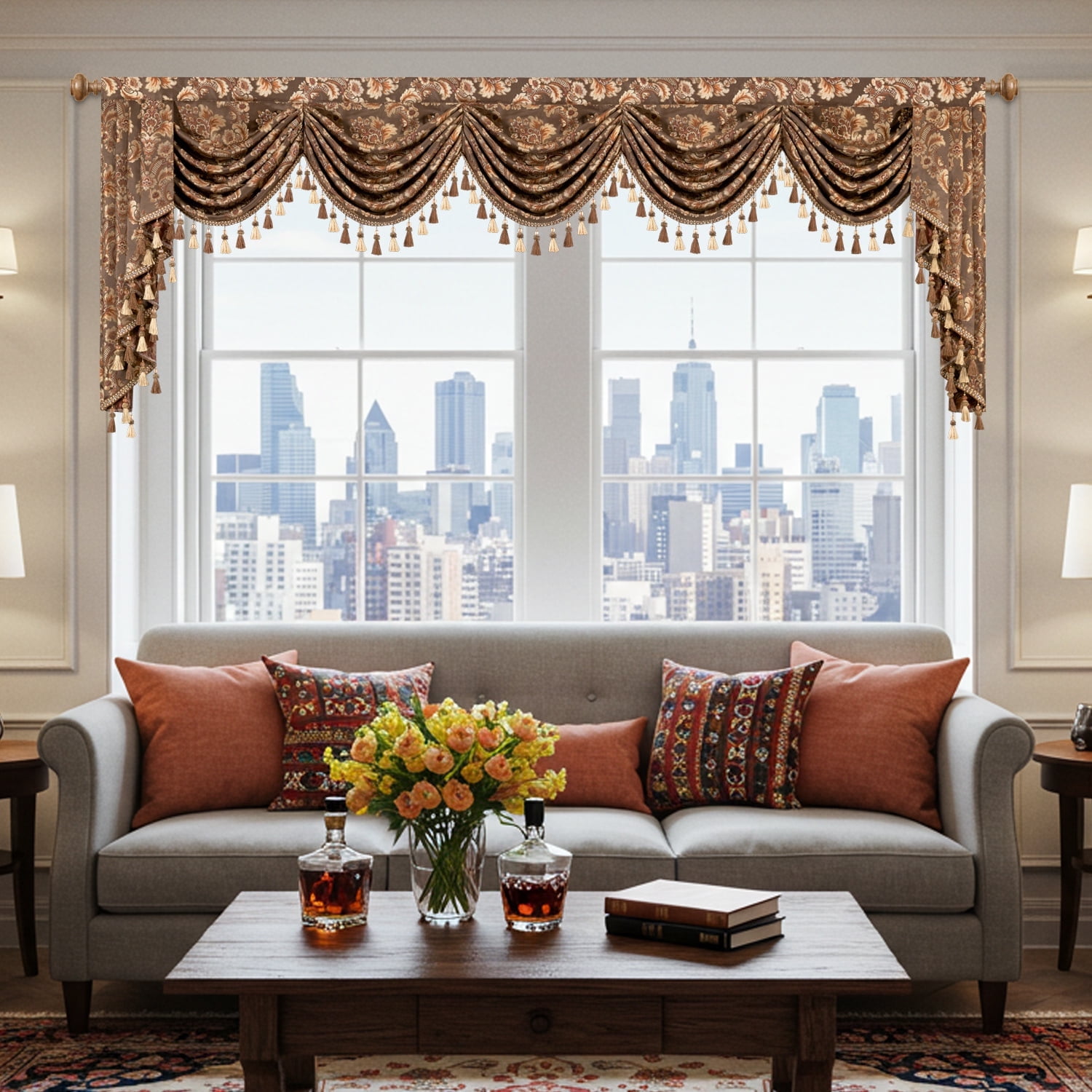 VOGOL Brown Damask Valance, Baroque Swag Curtains with Tassels 138x43 ...