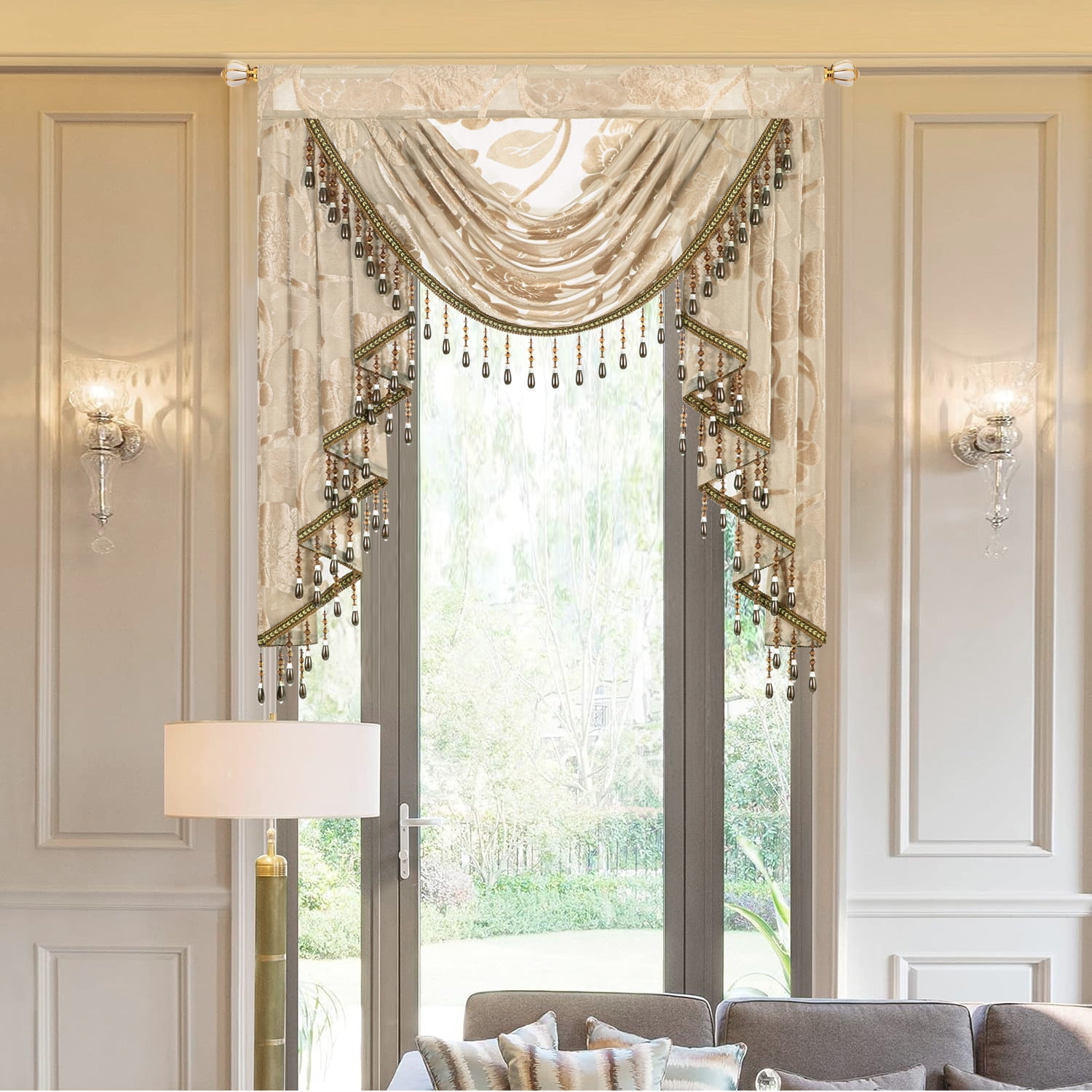 VOGOL Brown Jacquard Waterfall Valance Curtain, Beaded Tassel Floral ...