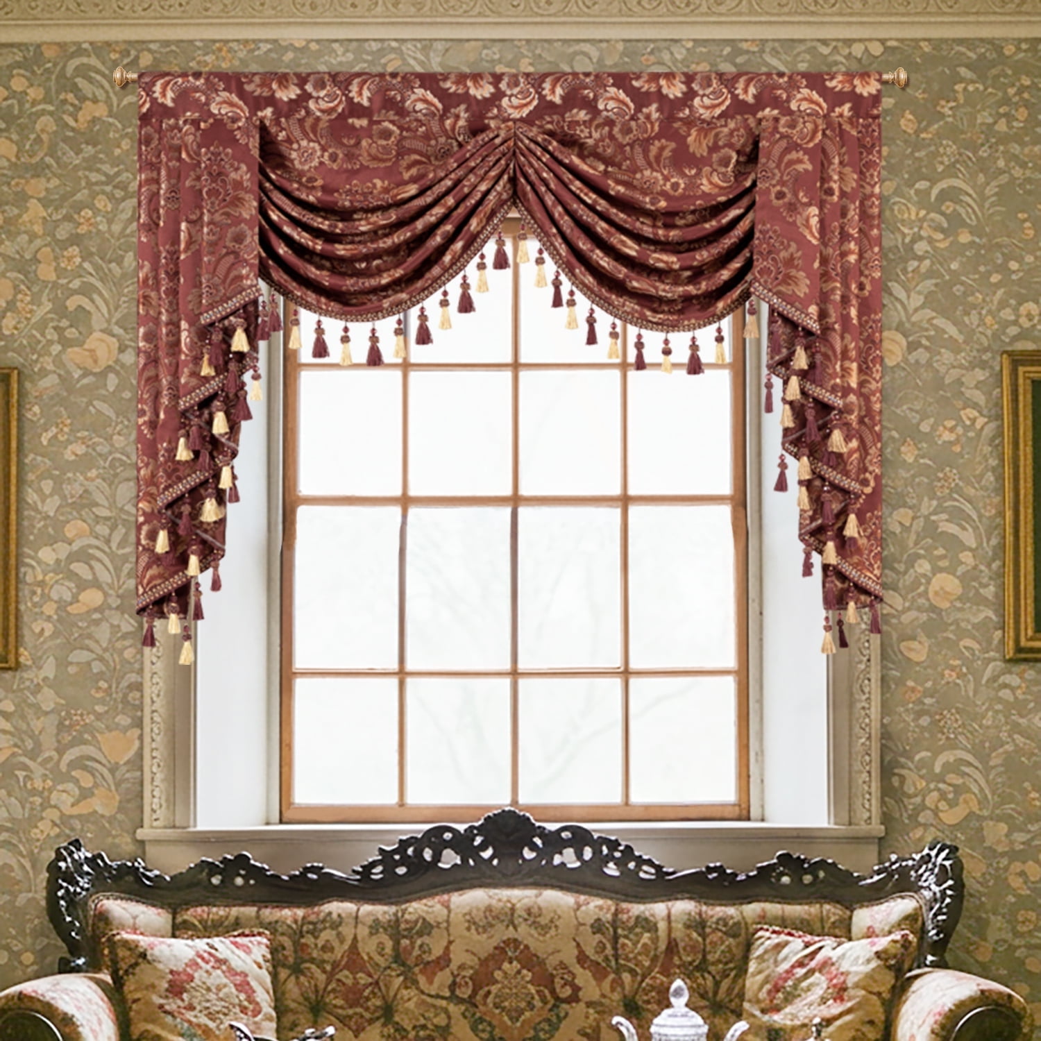 VOGOL Burgundy Damask Valance, Baroque Swag Curtains with Tassels 59x43 ...