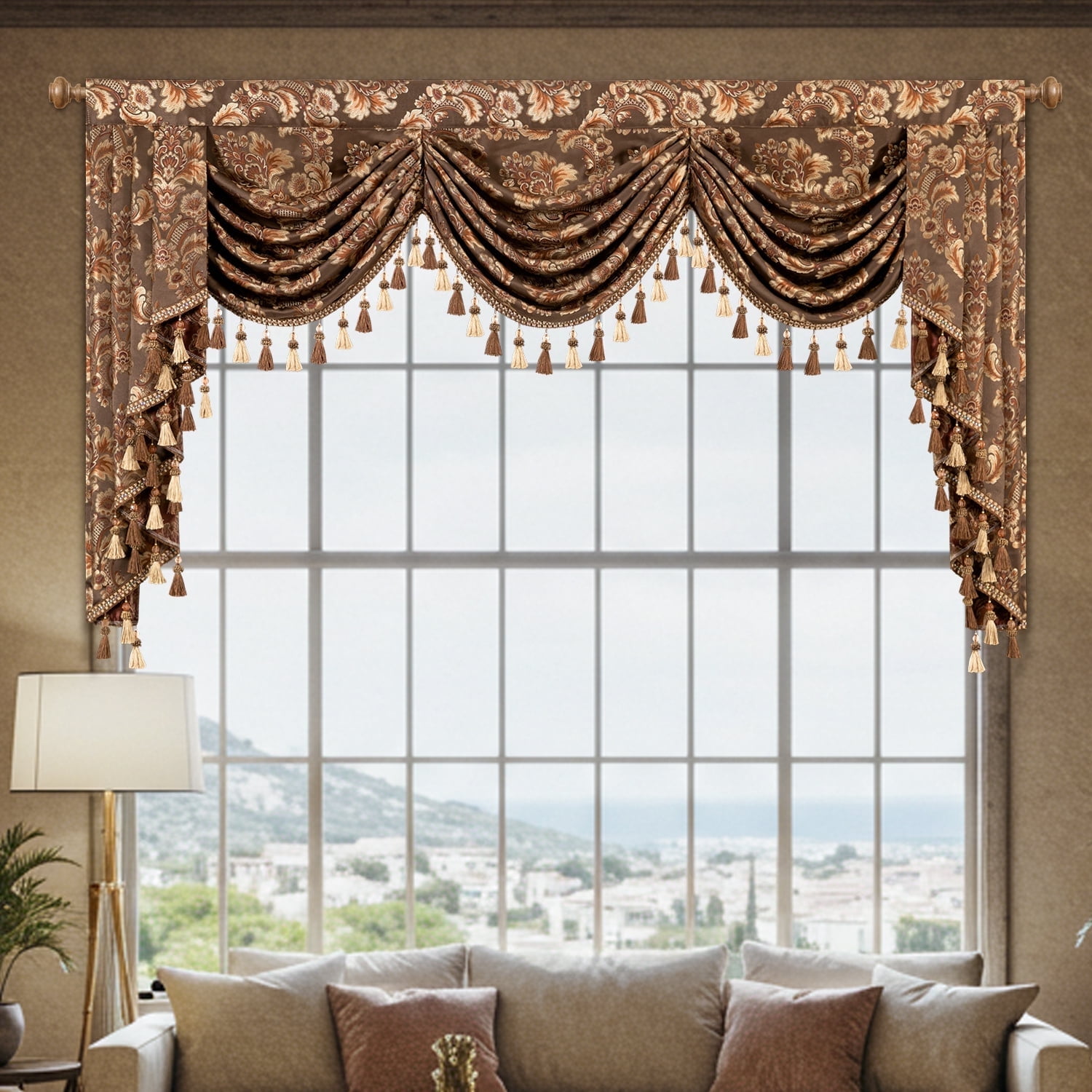 VOGOL Coffee Brown Damask Valance, Extra Wide Swag Curtains 79x43 ...