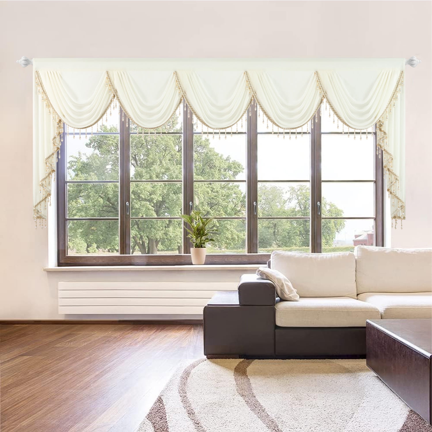 VOGOL Ecru Sheer Valance for Home Theater - 138" Wide Waterfall Swag ...