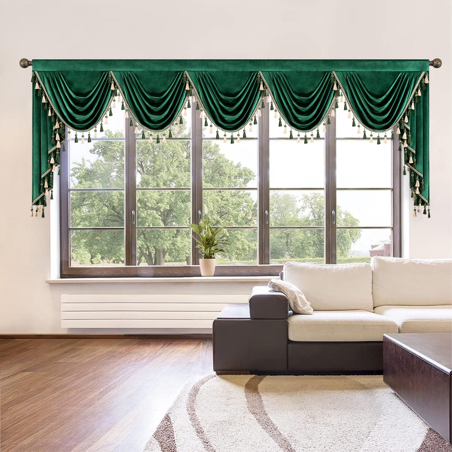 VOGOL European Green Velvet Valance - 138"W Waterfall Swag with Beaded ...