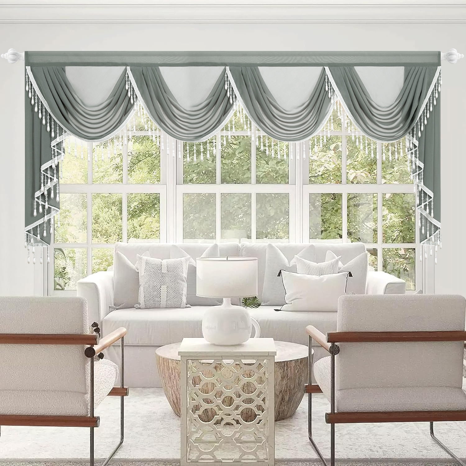 VOGOL Extra Wide Gray Sheer Valances, Silky Textured Voile Waterfall ...