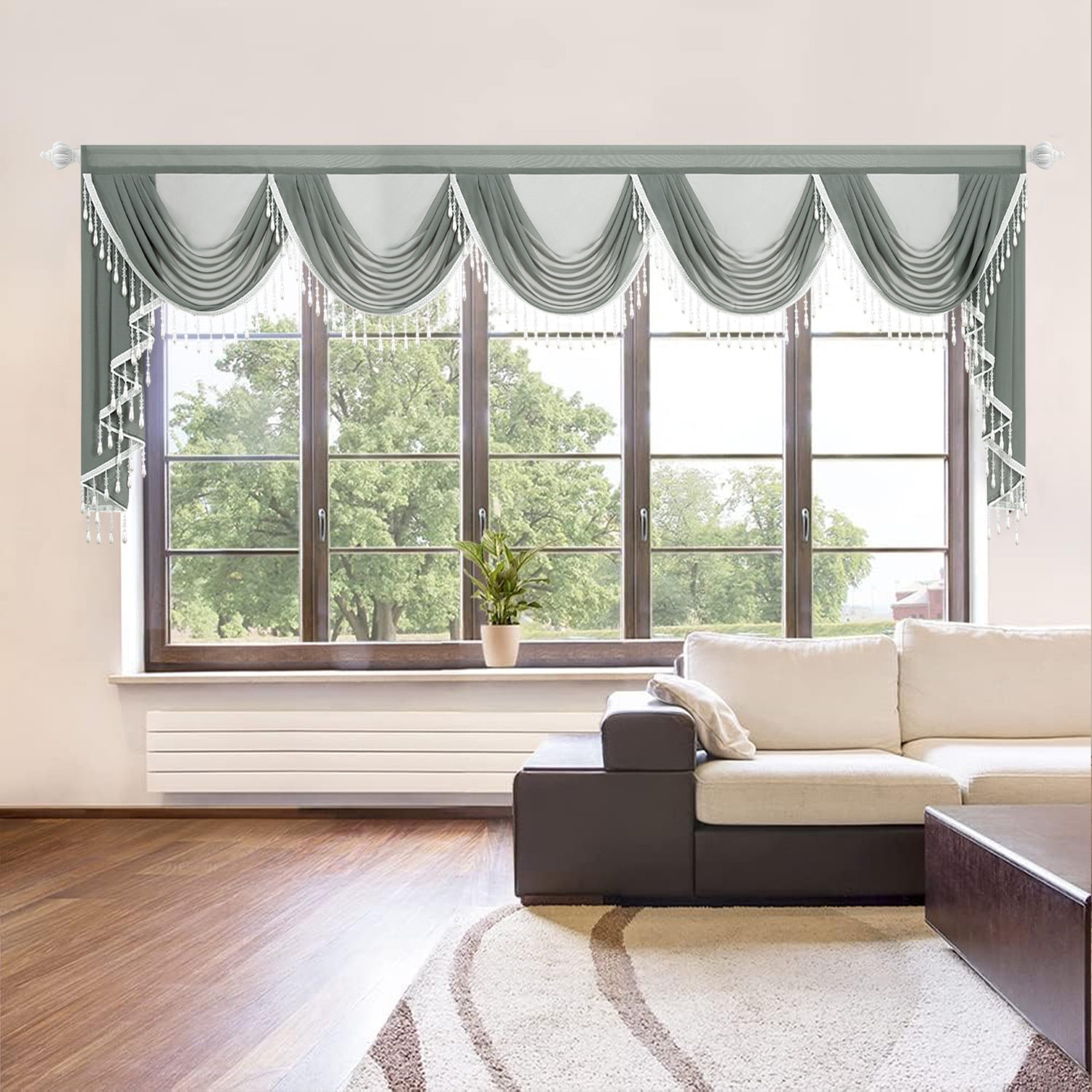 VOGOL Extra Wide Gray Sheer Valances, Silky Textured Voile Waterfall ...