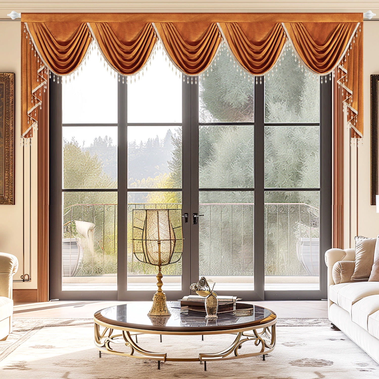 VOGOL Extra Wide Orange Velvet Valance - 138"W Waterfall Swag with ...
