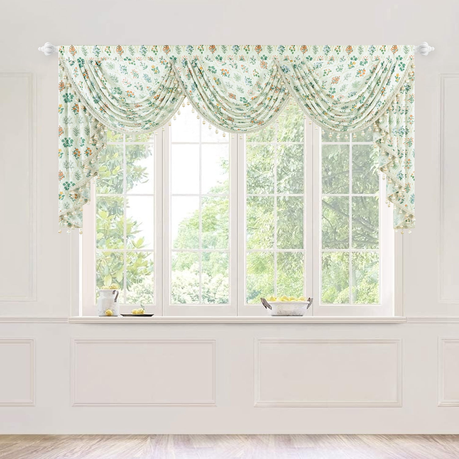 VOGOL Extra Wide Waterfall Valance 79x43 Inch - Vintage Floral Sheer ...