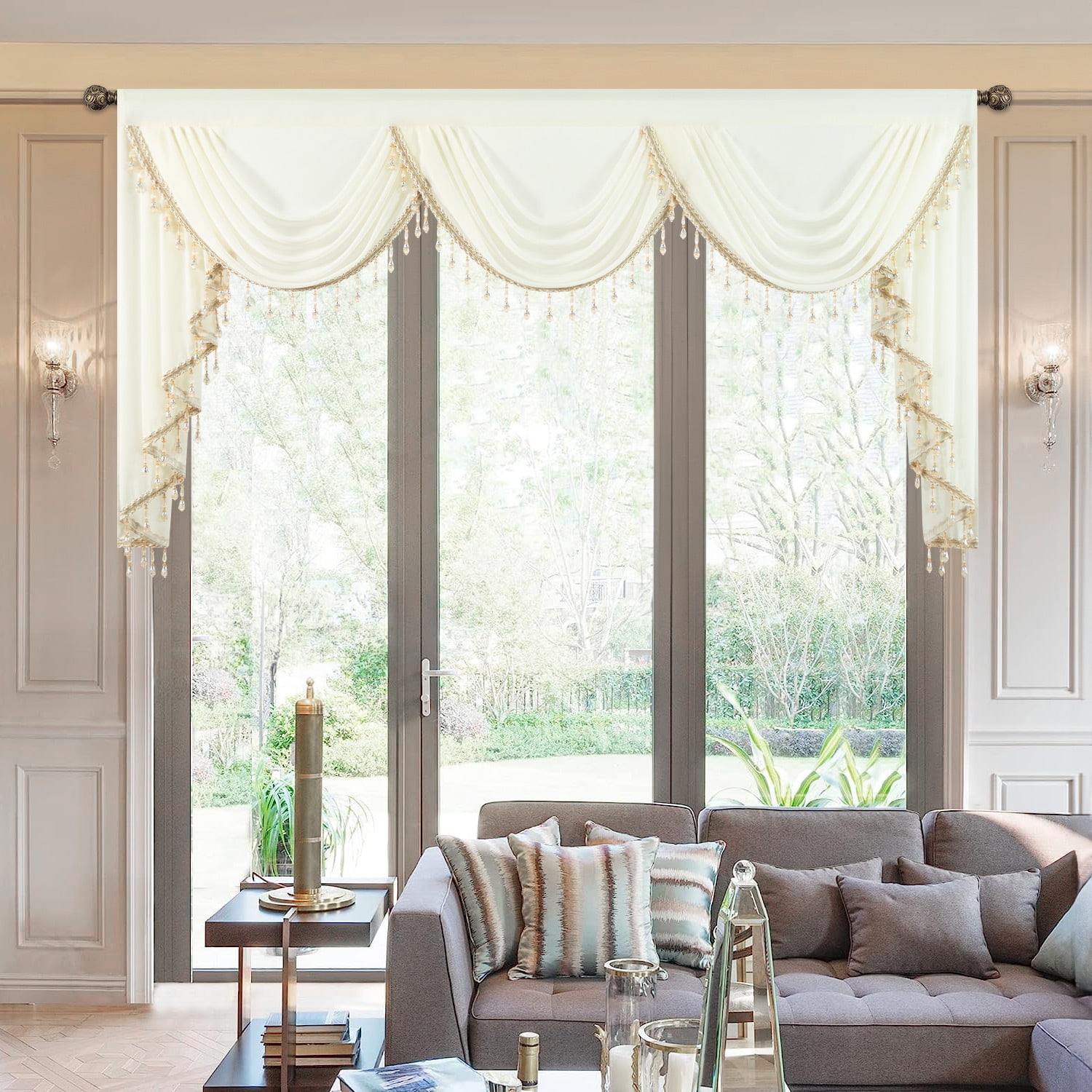 VOGOL Farmhouse Kitchen Valance - 79" Sheer Voile Waterfall Swag with ...