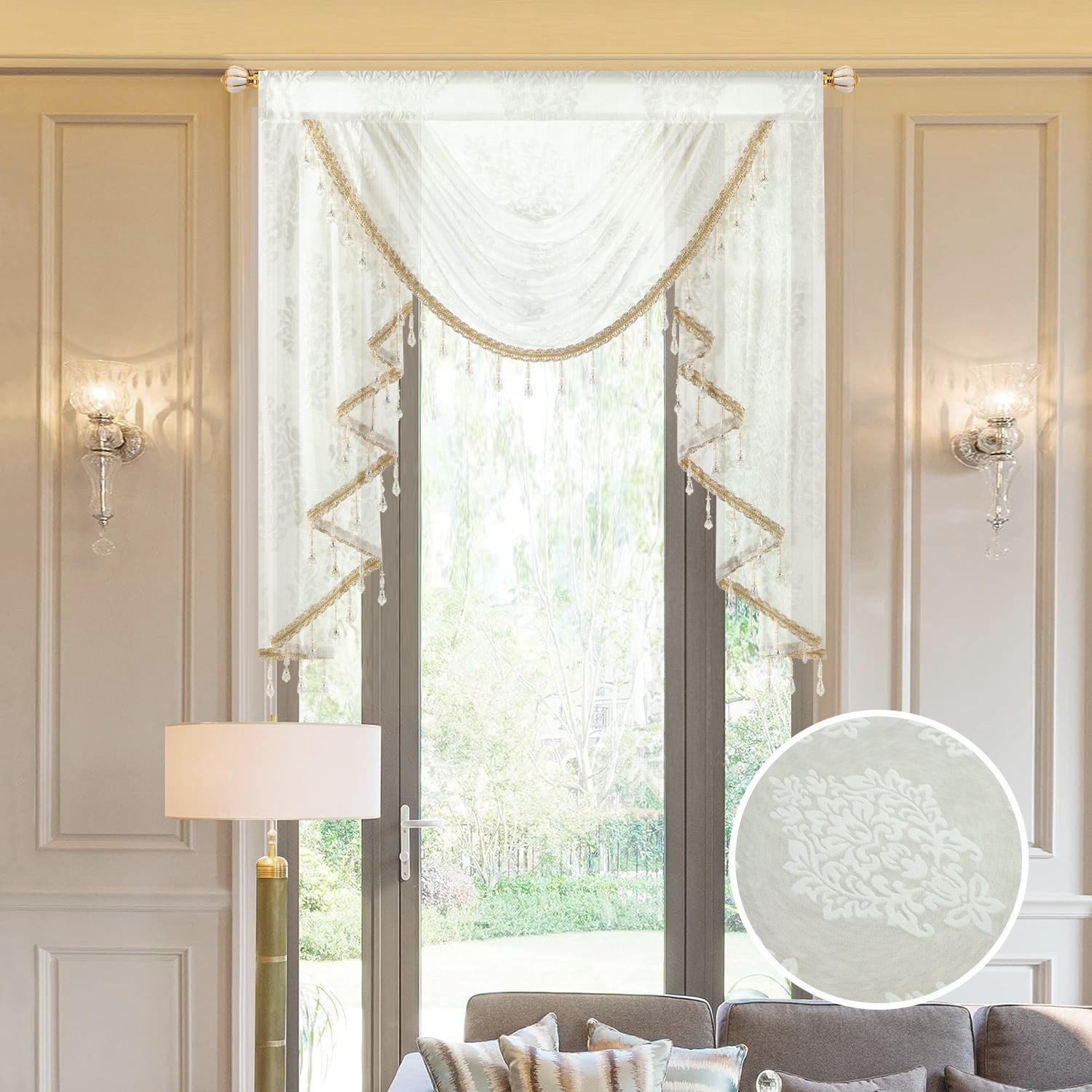 VOGOL Farmhouse Waterfall Valance - Vintage Damask Jacquard Voile with ...