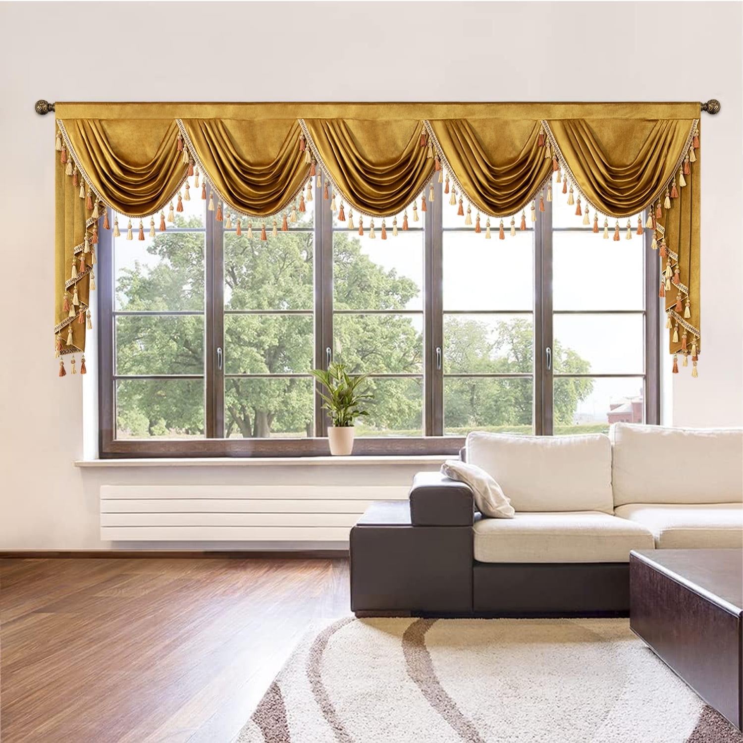 VOGOL Gold Valances for Kitchen, Light Filtering Velvet Waterfall ...