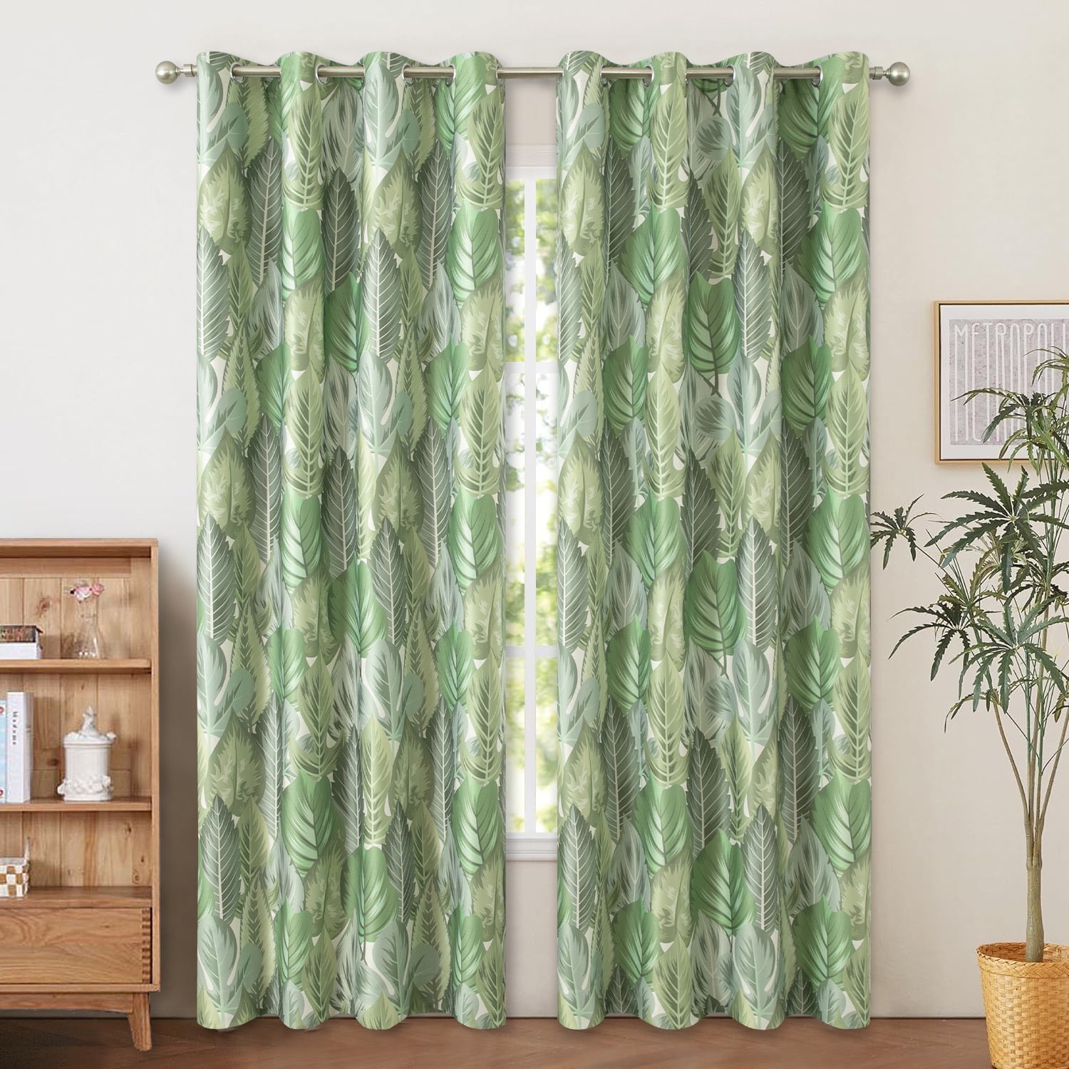 VOGOL Green Leaves Print Curtains Drapes, Rustic Grommet Top Light ...