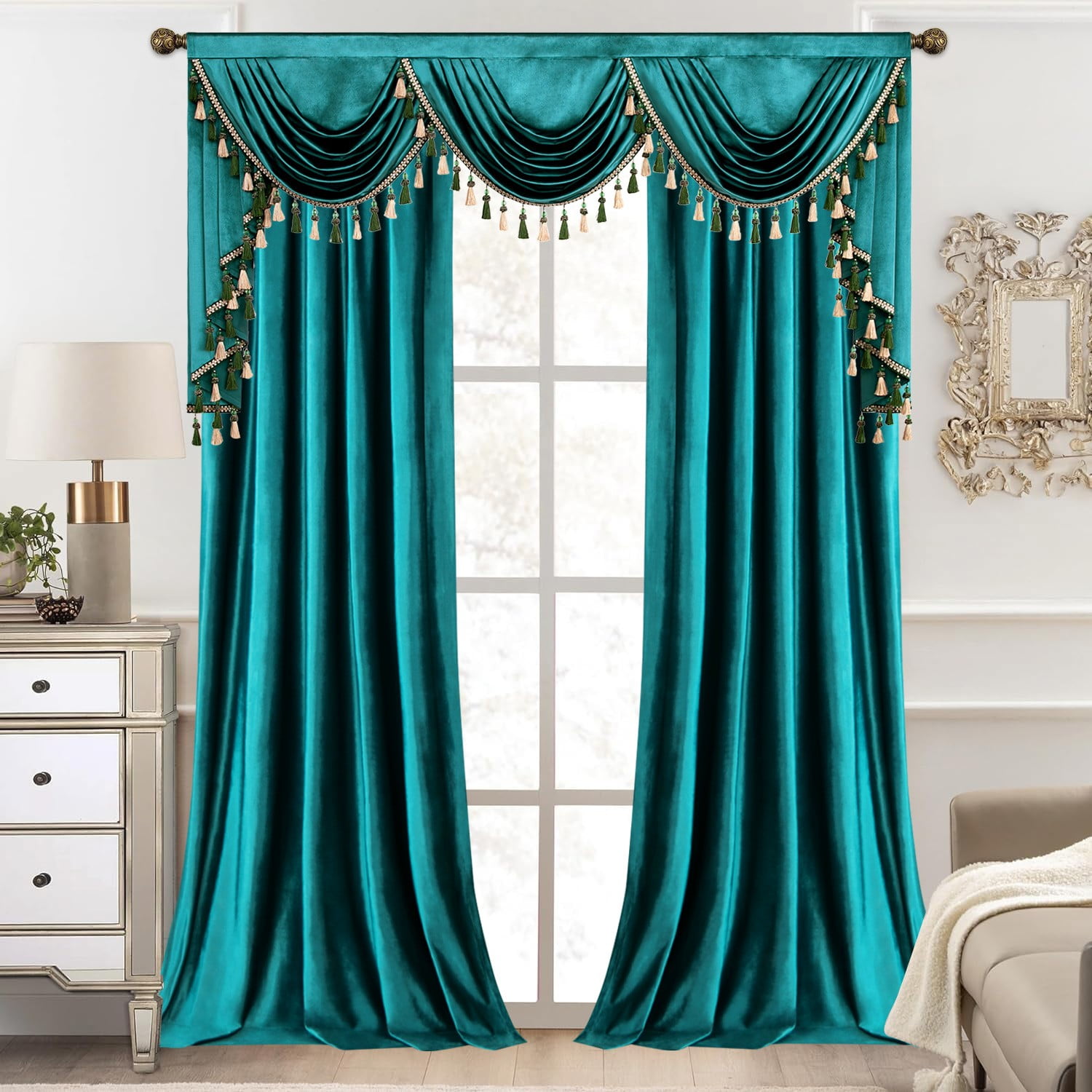 VOGOL Green Velvet Curtains & Waterfall Valance Set, Thermal Insulated ...