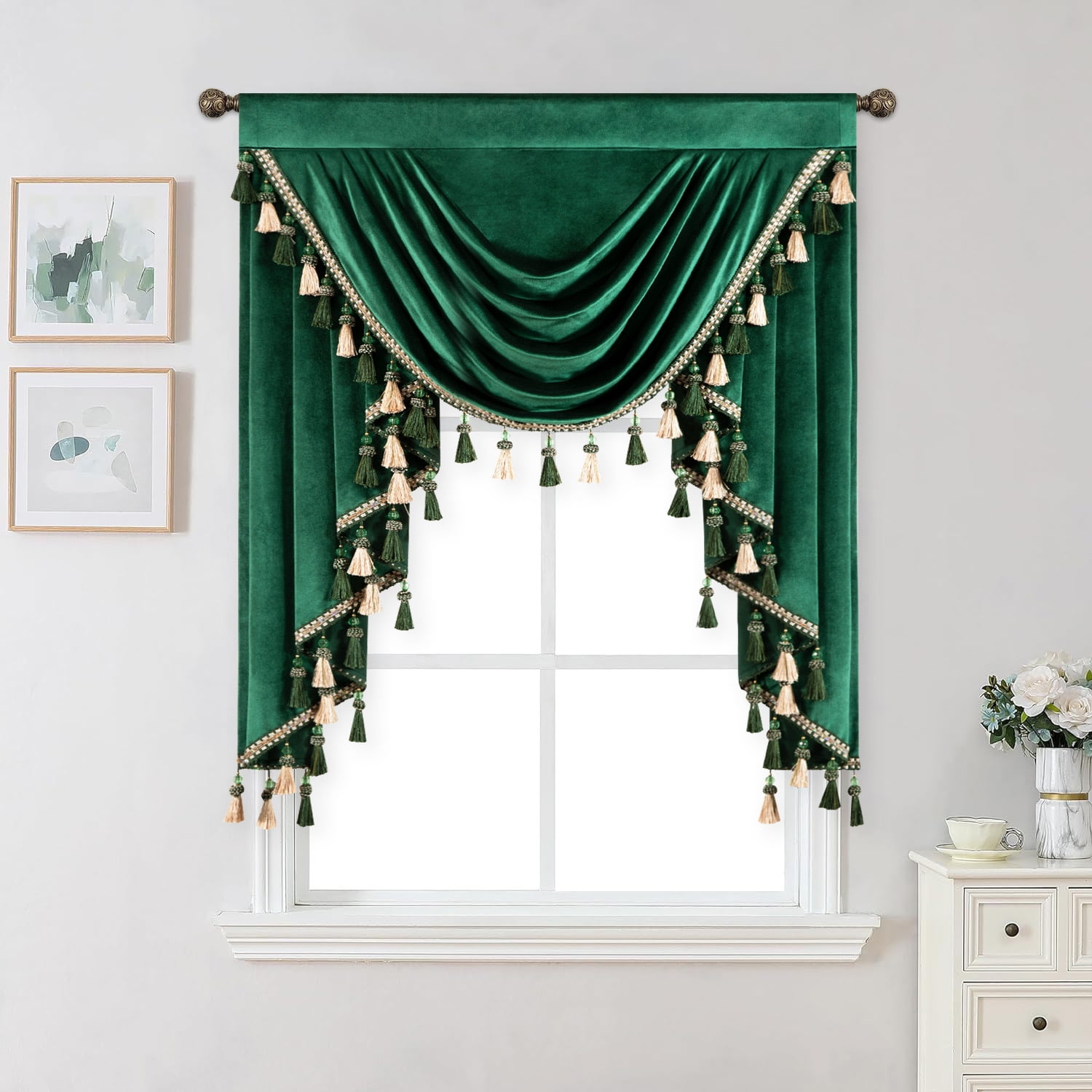 VOGOL Green Velvet Waterfall Valance - 39"W Waterfall Swag Curtain ...