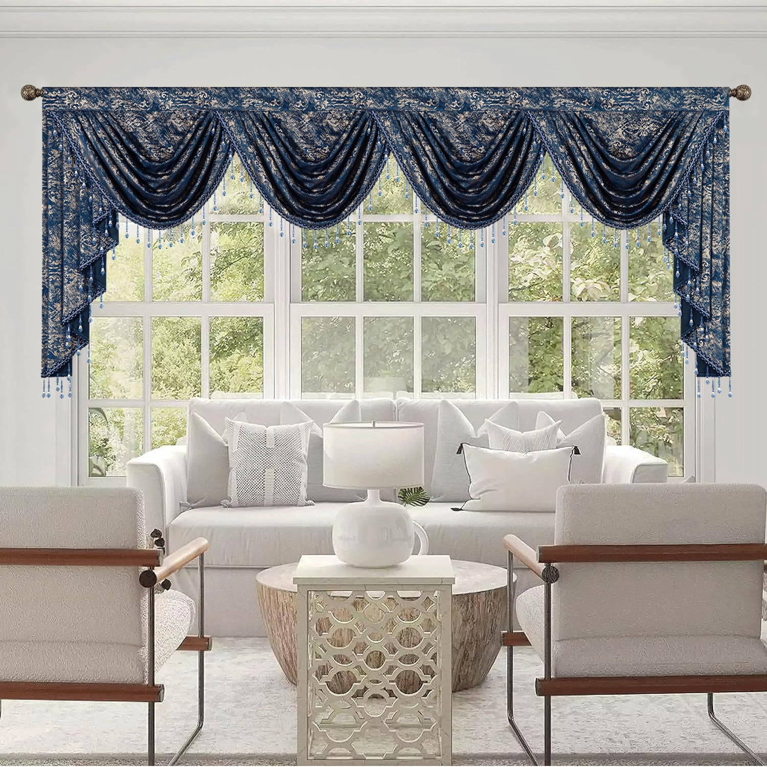 VOGOL Modern Waterfall Swag Valance for Bedroom, Royal Blue Textured ...