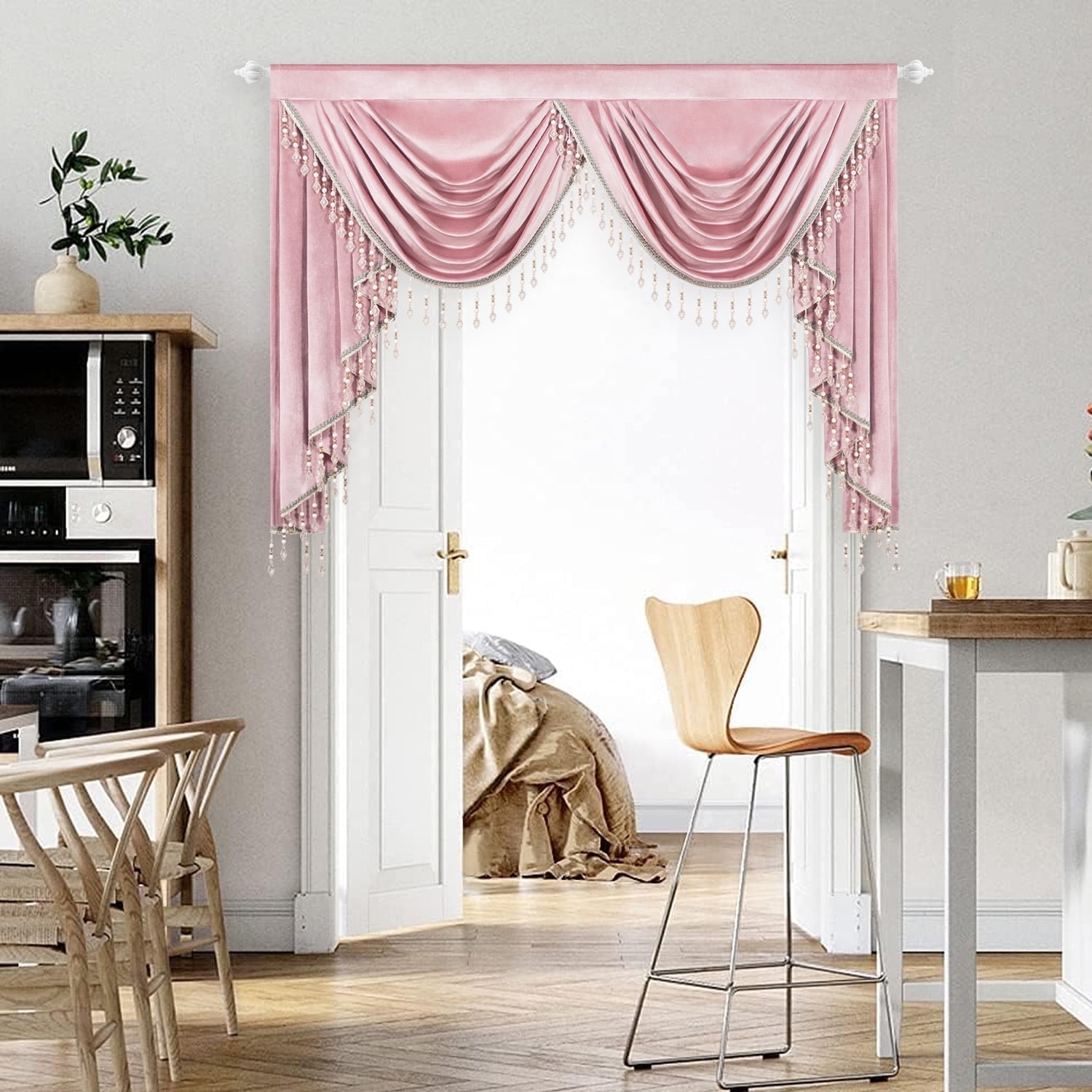 VOGOL Pink Velvet European Valance - 59"W Light Filtering Swag with ...