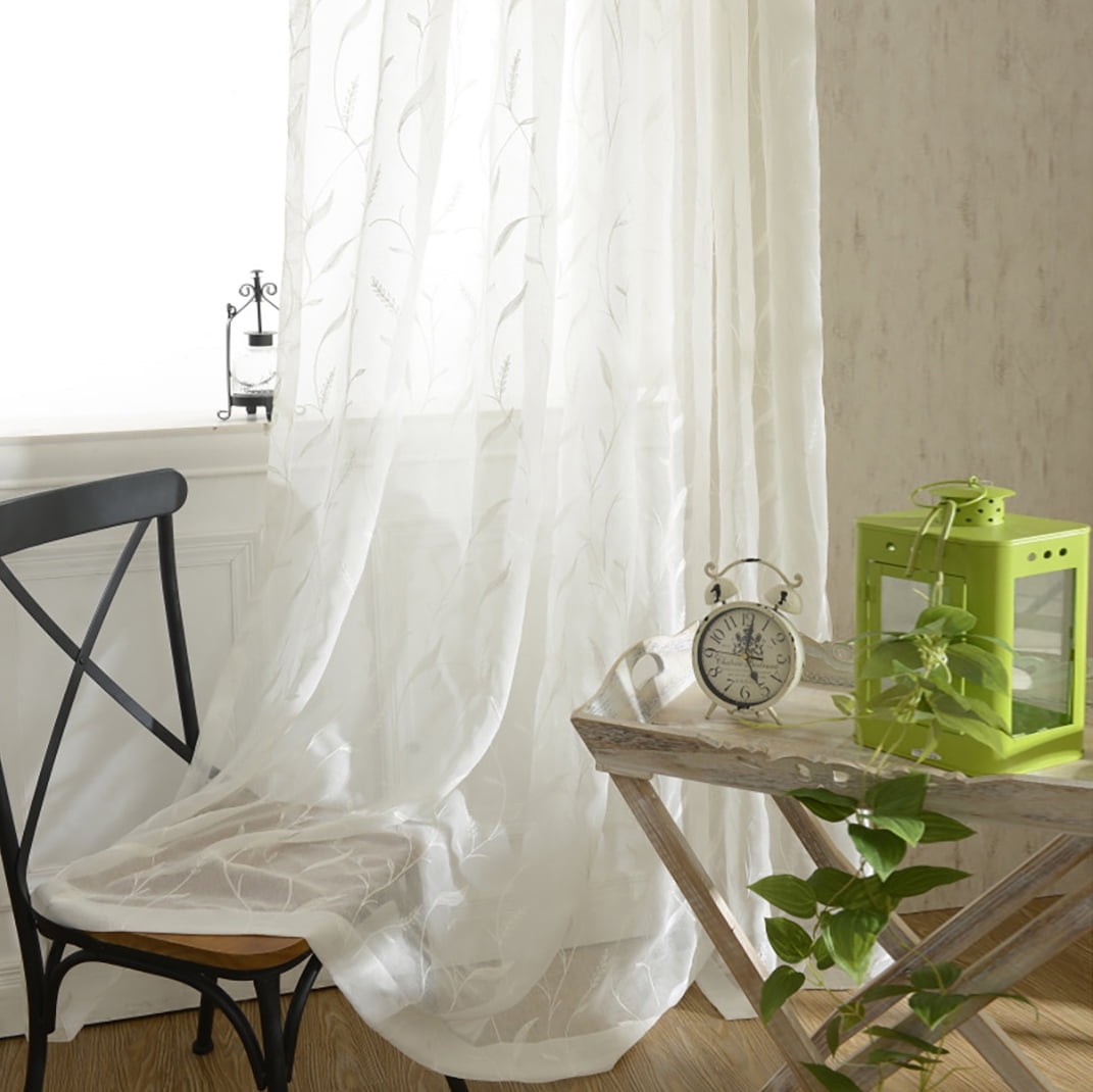 VOGOL Rod Pocket White Embroidered Sheer Curtains, Breathable Voile ...