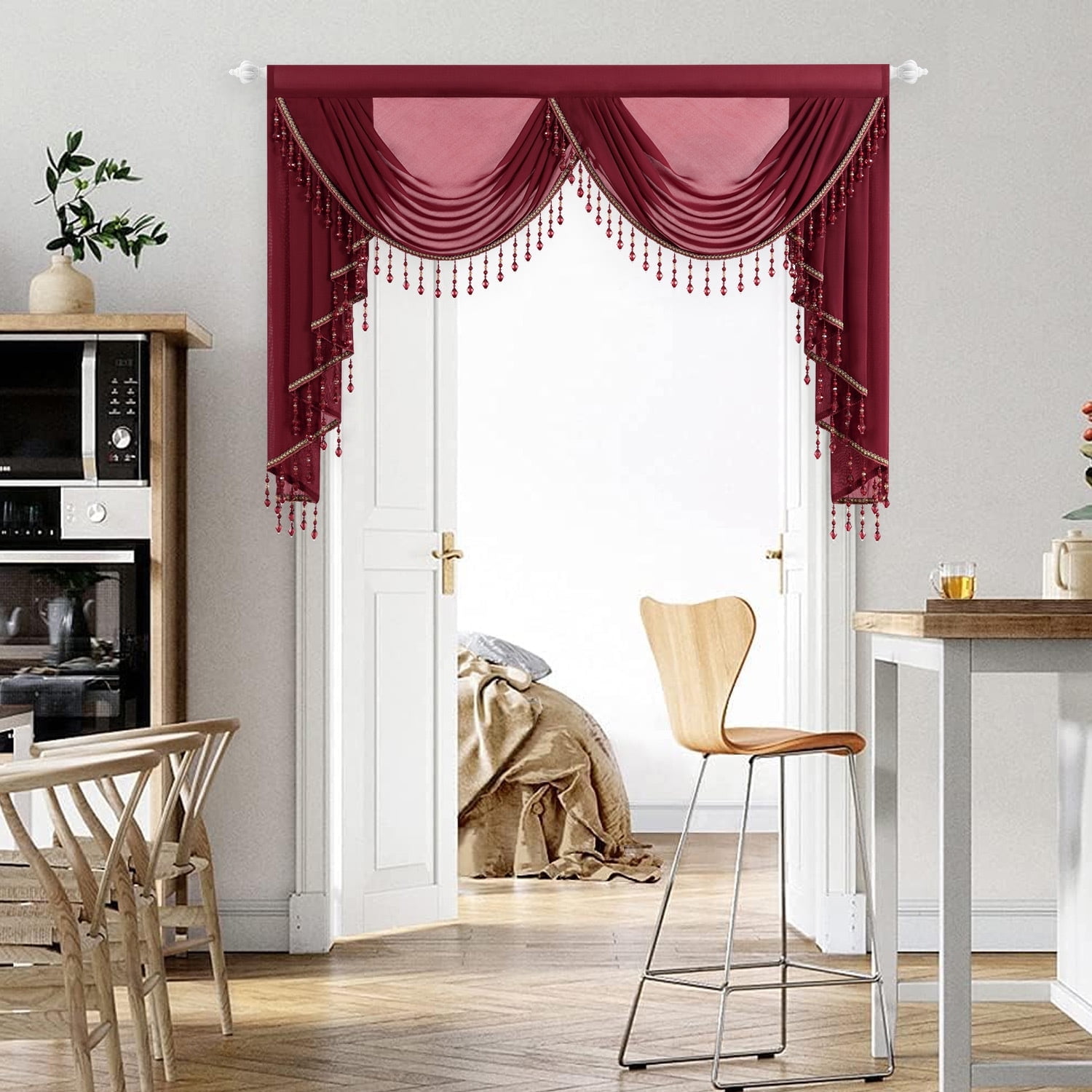 VOGOL Sheer Burgundy Farmhouse Valances, Retro Luxury Semi-Sheer ...