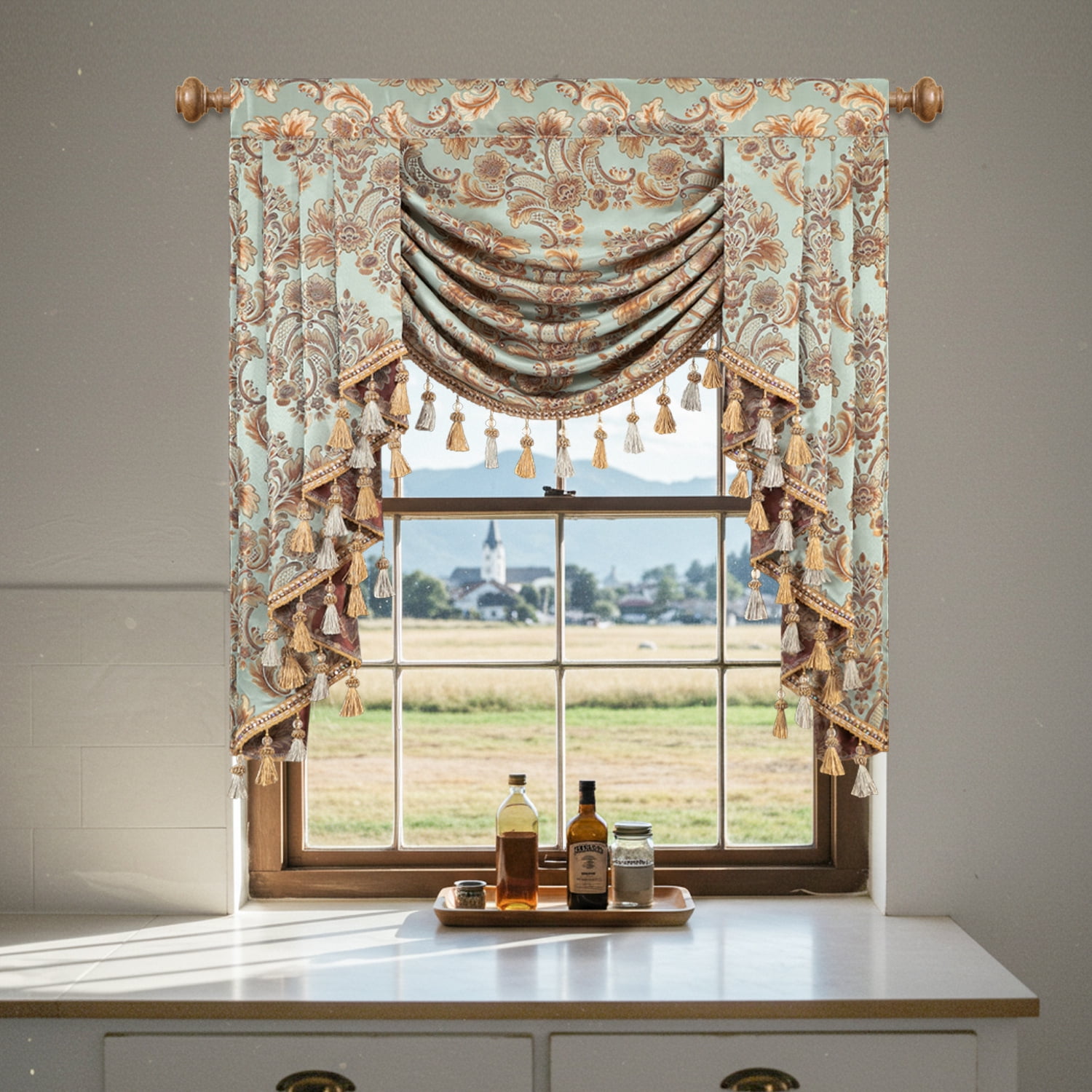 VOGOL Sky Blue Waterfall Valance, Damask Jacquard Swag with Tassels ...
