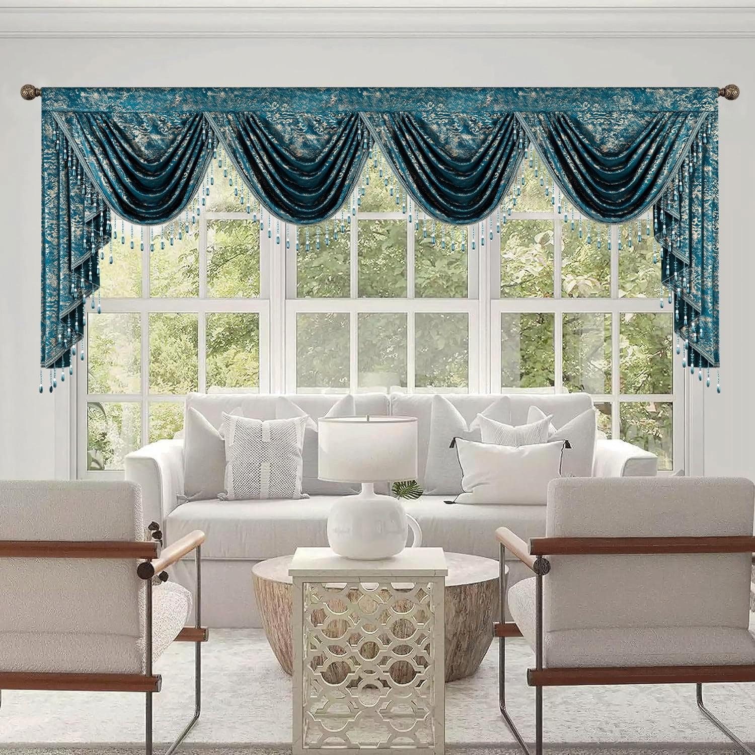 VOGOL Soft Velvet Waterfall Valance, Vintage Lake Blue Textured Print ...
