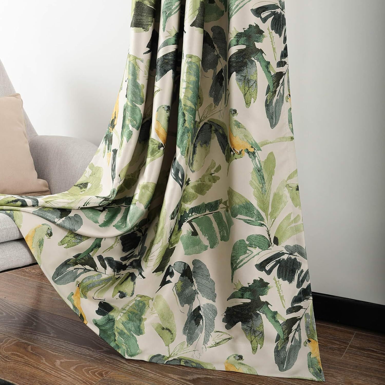 VOGOL Tropical Blackout Bedroom Curtains Set, Green Leave Macaw ...