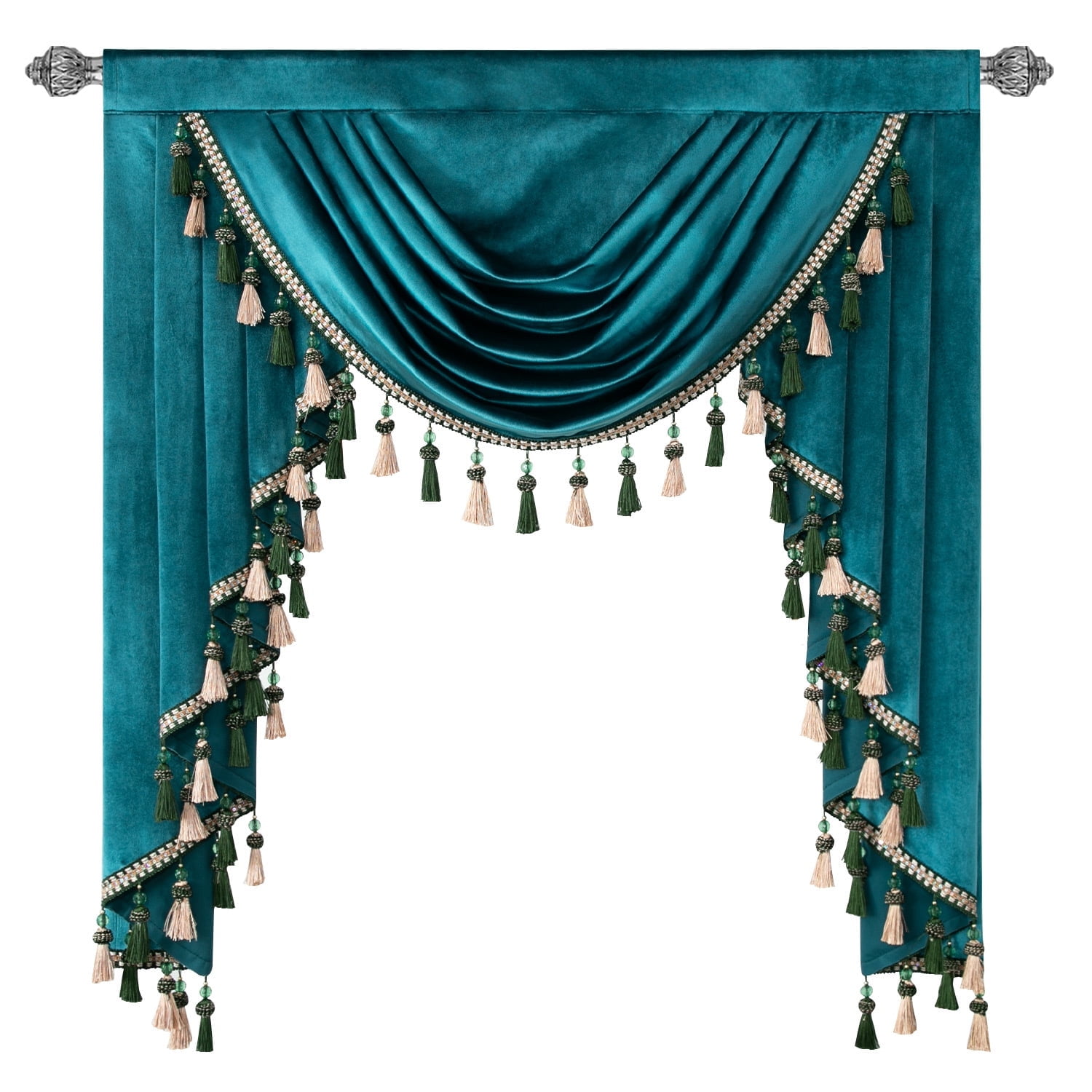 VOGOL Velvet Waterfall Valance with Beaded Tassels, Elegant Green Rod ...