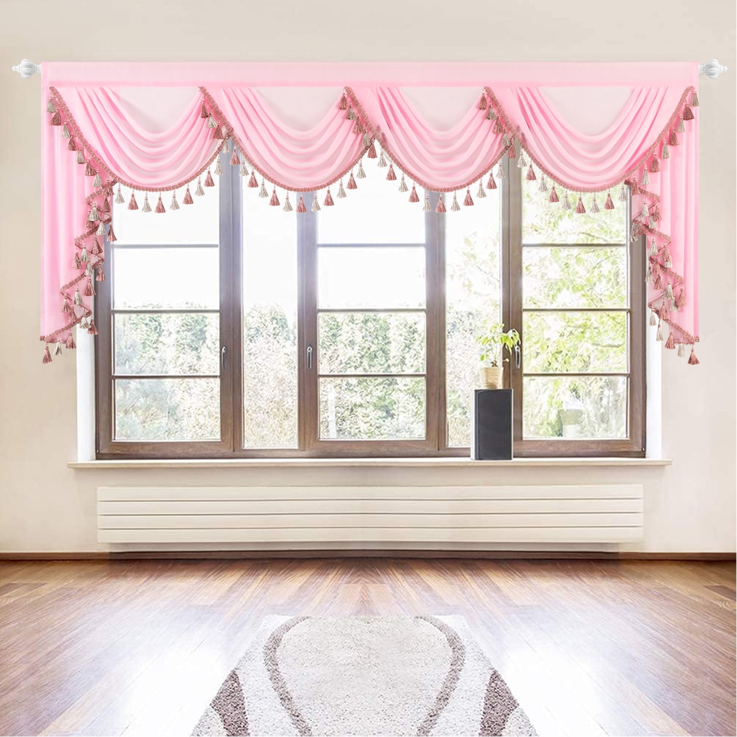 VOGOL Vintage Pink Voile Valance - 110" Waterfall Swag with Beaded Trim ...