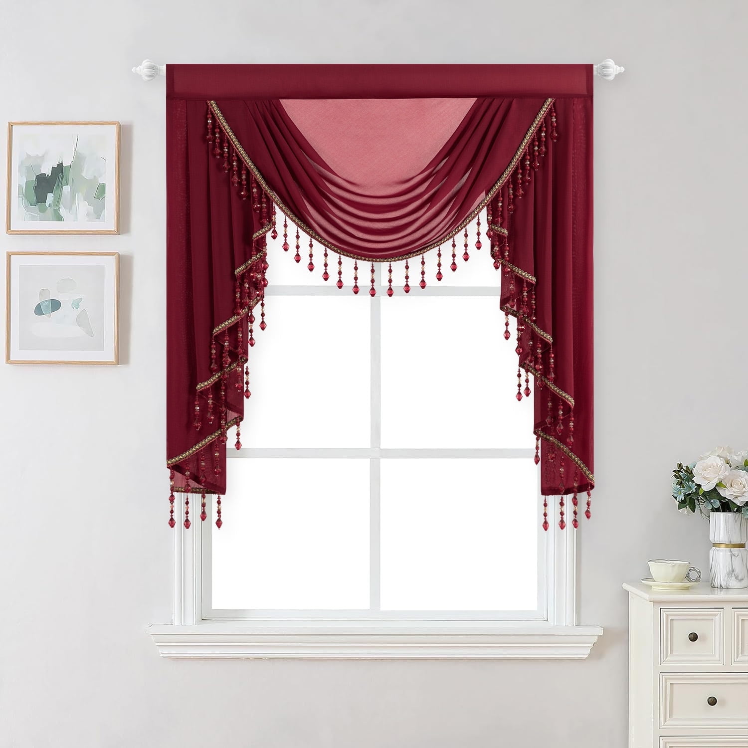 VOGOL Vintage Style Waterfall Valance, 39 inches Wide Soft Touch Sheer ...