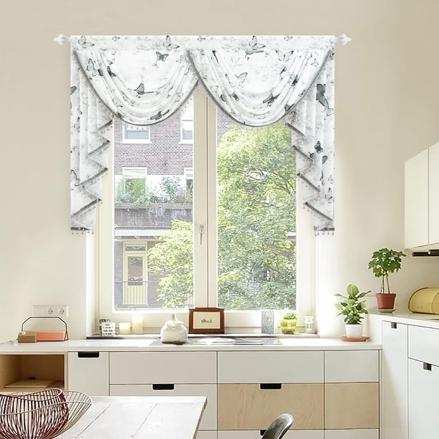 VOGOL Waterfall Sheer Valance, Grey Butterfly Print Curtains with Bead ...