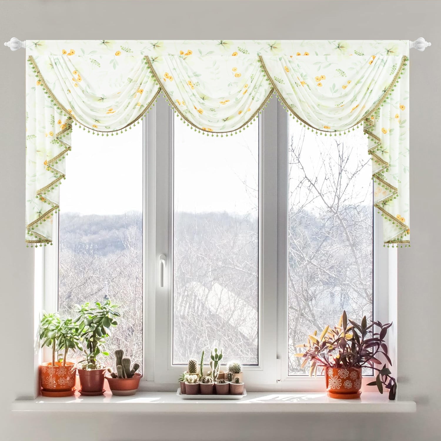 VOGOL Waterfall Sheer Valance, Plants Print Swag Design Curtains with ...