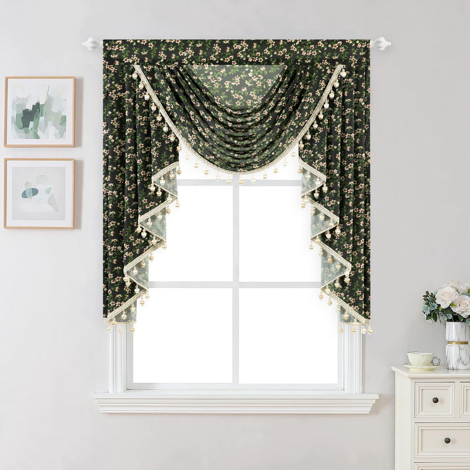 VOGOL Waterfall Valance 39" Wide Farmhouse Vintage Black Cherry Blossom ...