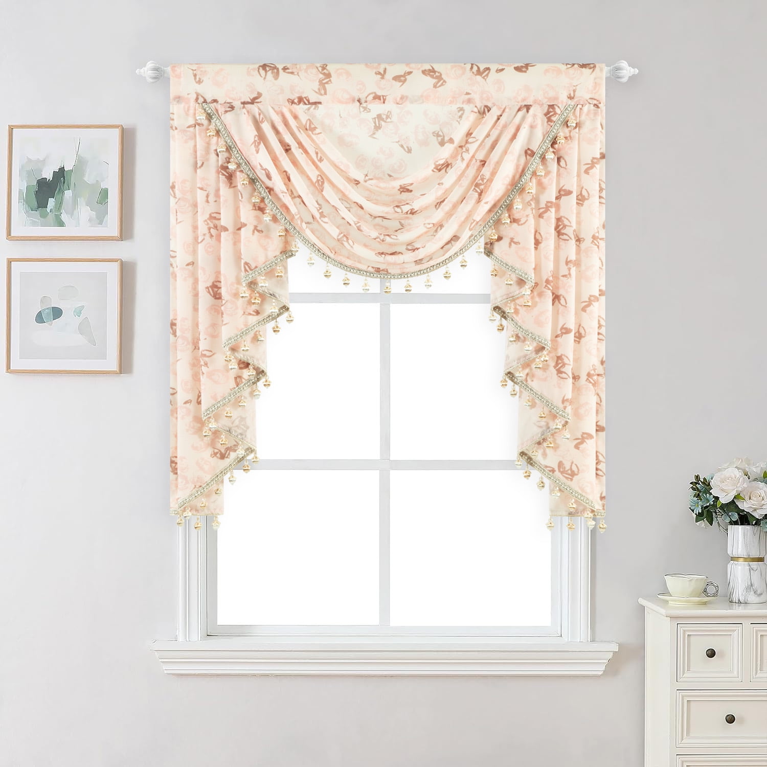 VOGOL Waterfall Valance 39x43 Inch - Sheer Voile, Vintage Pink Roses ...