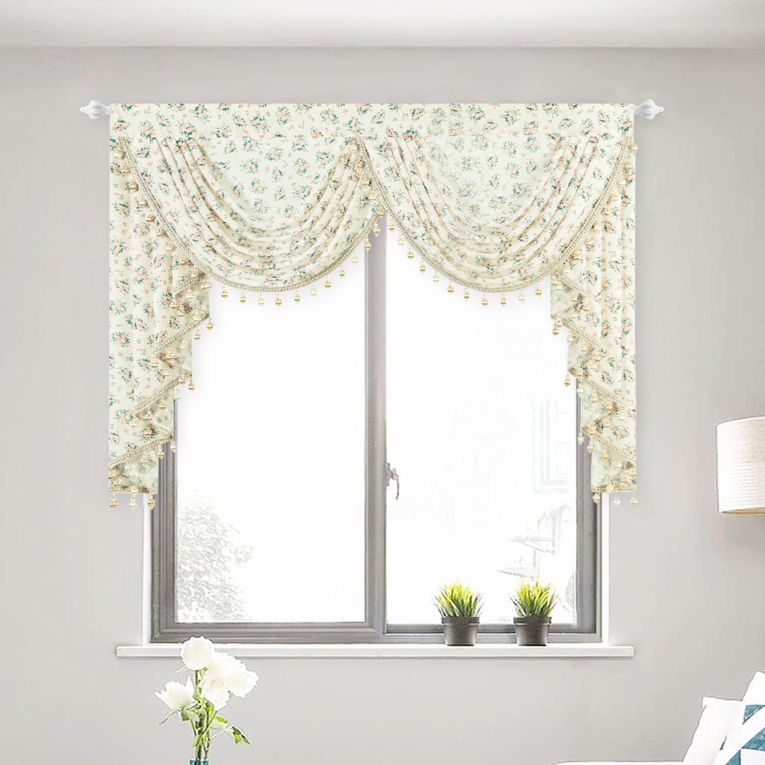 VOGOL Waterfall Valance 59"x43" Farmhouse Vintage Blooming Floral Sheer ...