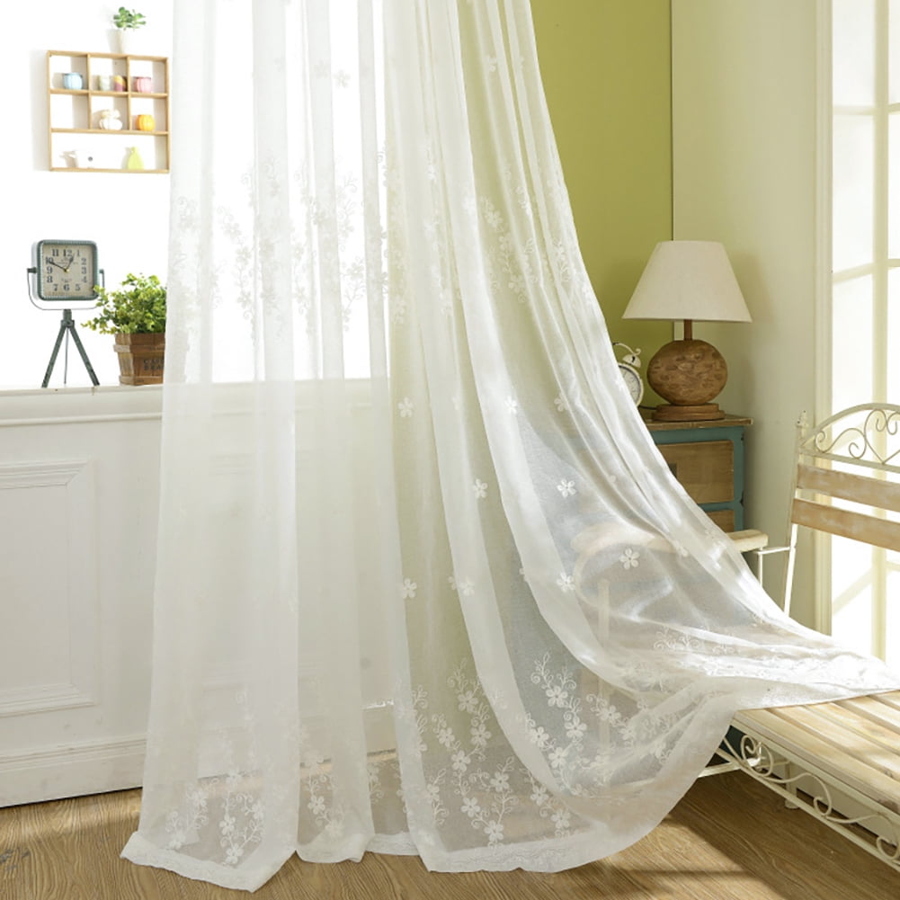 VOGOL White Farmhouse Flower Sheer Curtain Panel Pair, Airy Embroidered ...