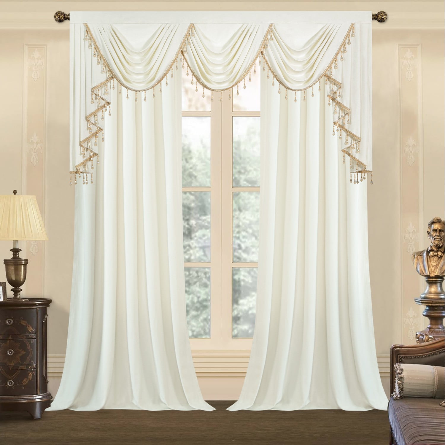 VOGOL White Velvet Waterfall Valance & Curtains Set, Thermal Insulated ...