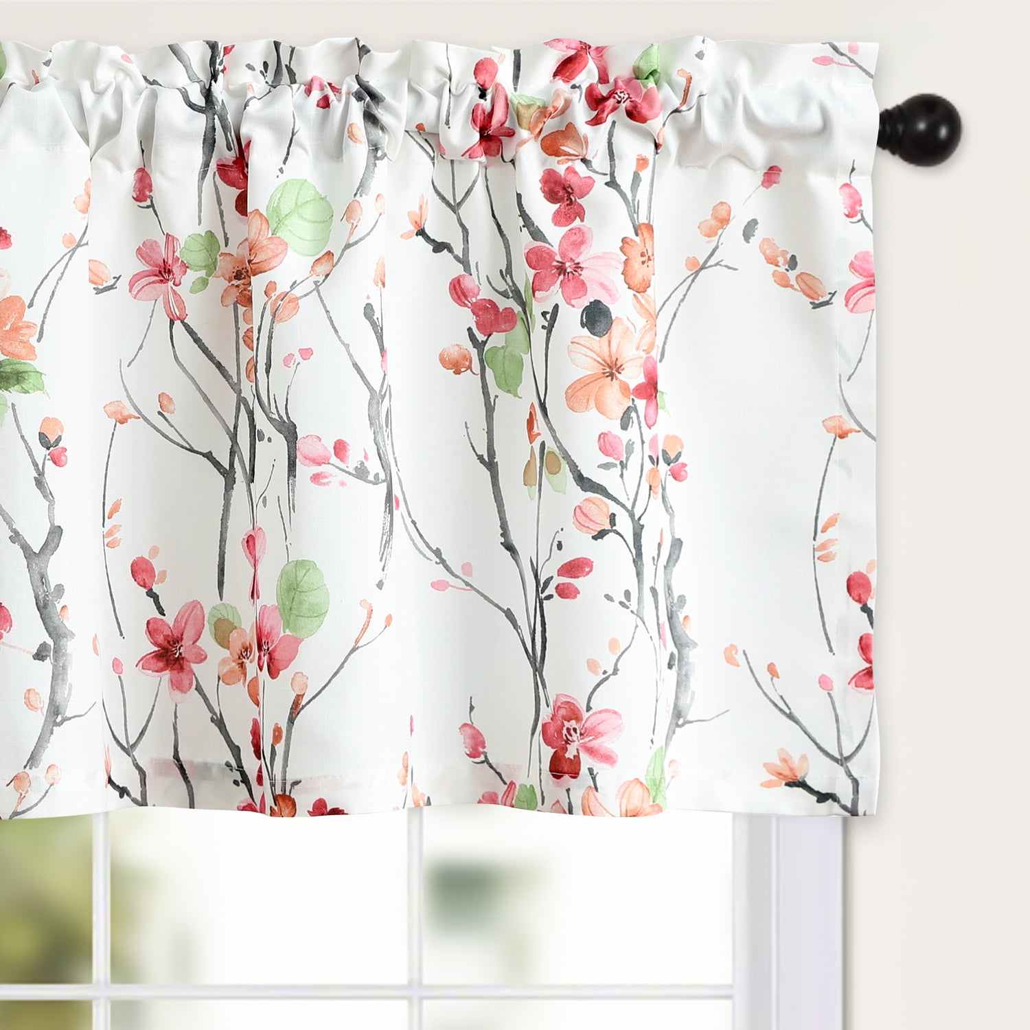 VOGOL Kitchen Curtain Valances, Vivid Pink Flower Print Linen Textured ...