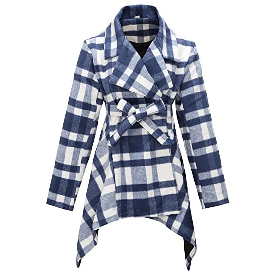 VOGRYE Women's Turn Down Collar Grid Coat Belted Wool Blend Coat ...